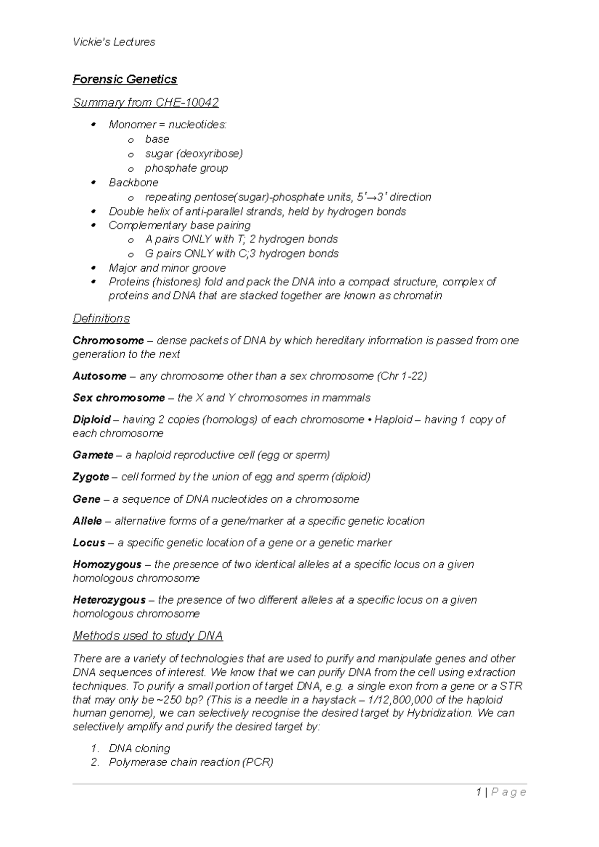 NOTES FORENSICS - Forensic Genetics Summary from CHE- Monomer ...