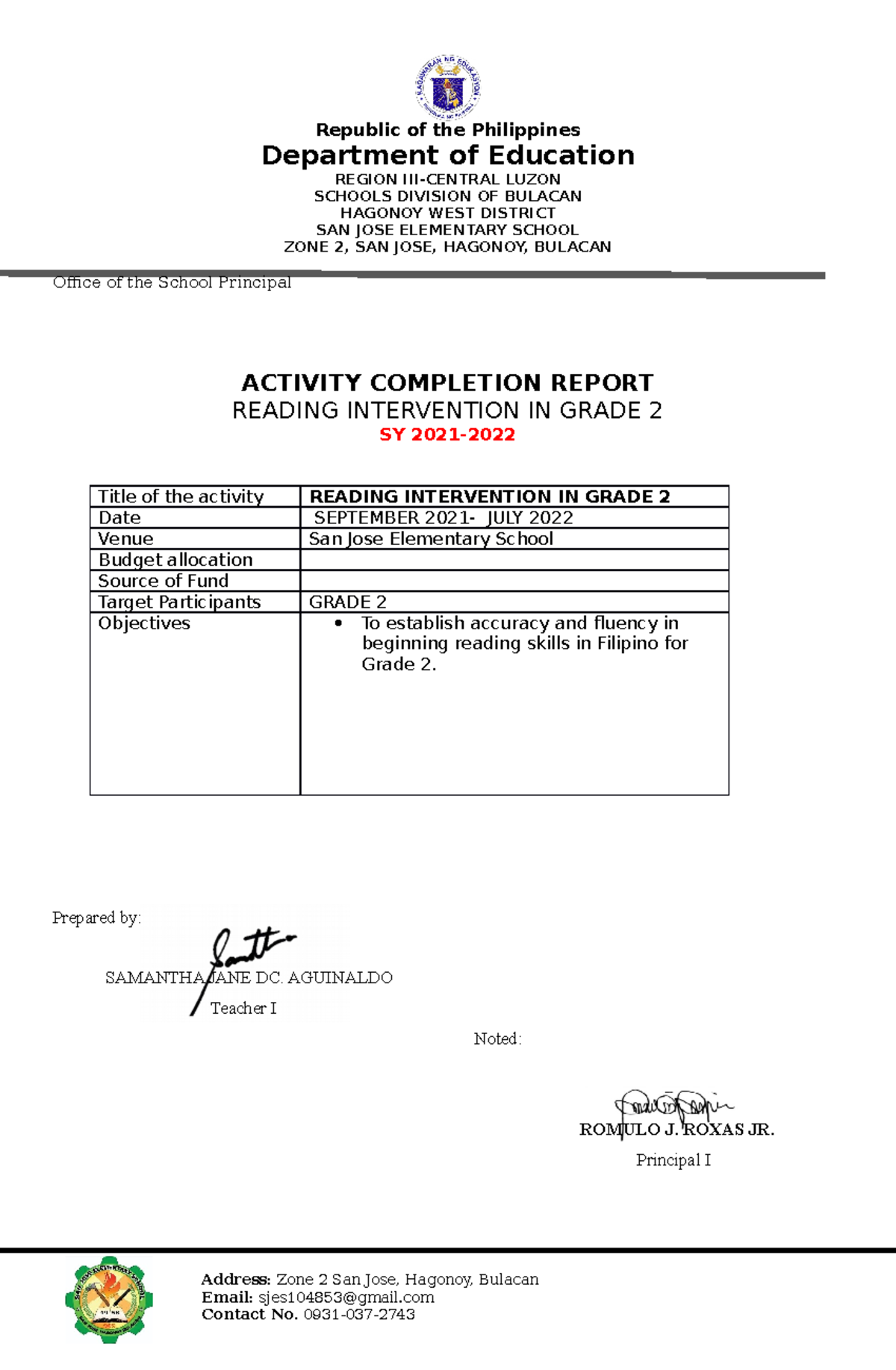 ACR- Grade 2 reading intervention - Republic of the Philippines ...