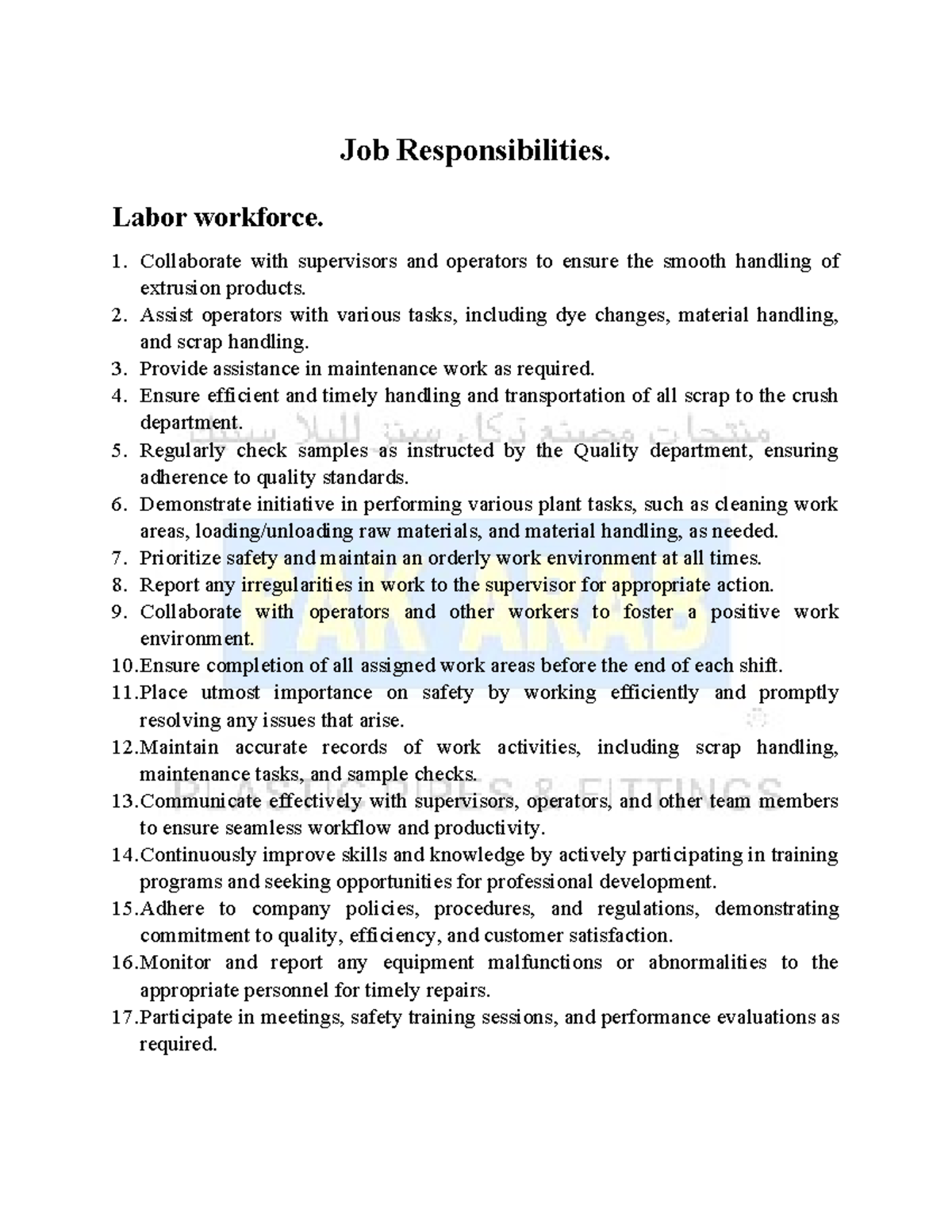 Labour - Job Responsibilities. Labor workforce. Collaborate with ...