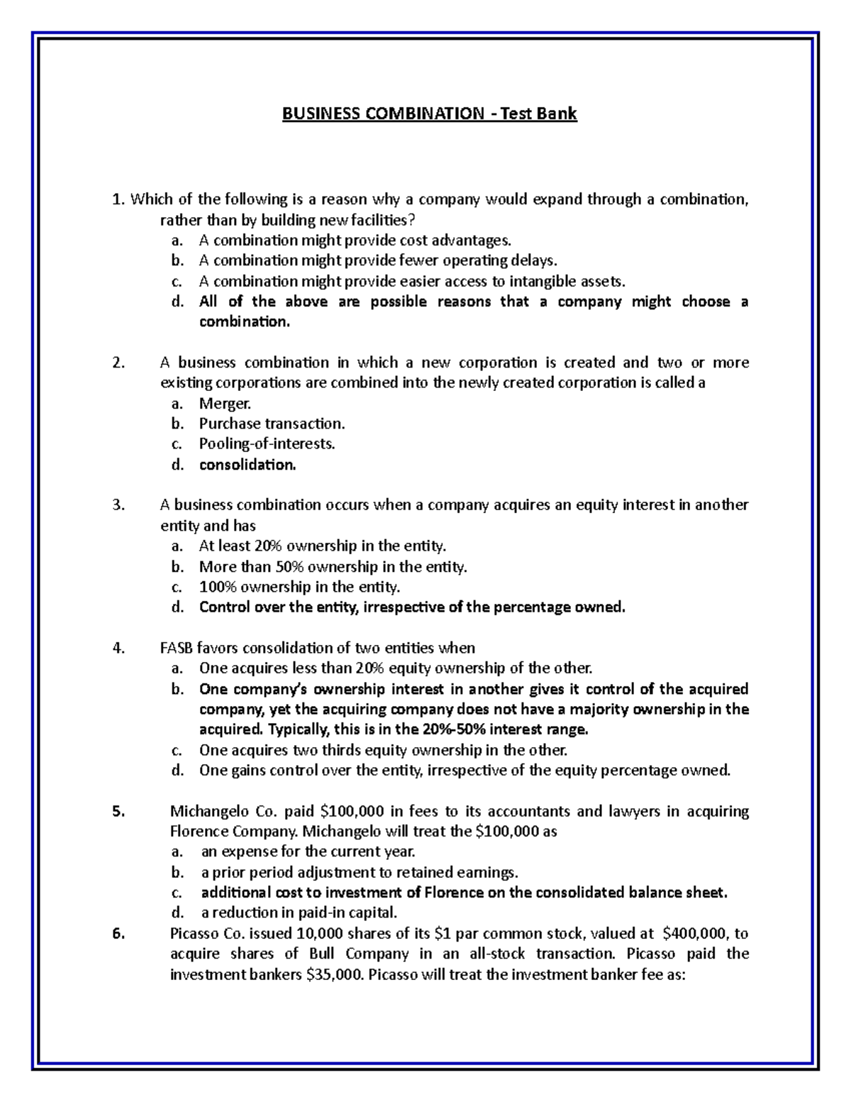 Business Combination - BUSINESS COMBINATION - Test Bank Which of the ...
