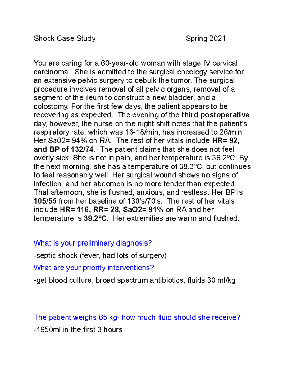 Shock Case Study 2 - She is admitted to the surgical oncology service ...