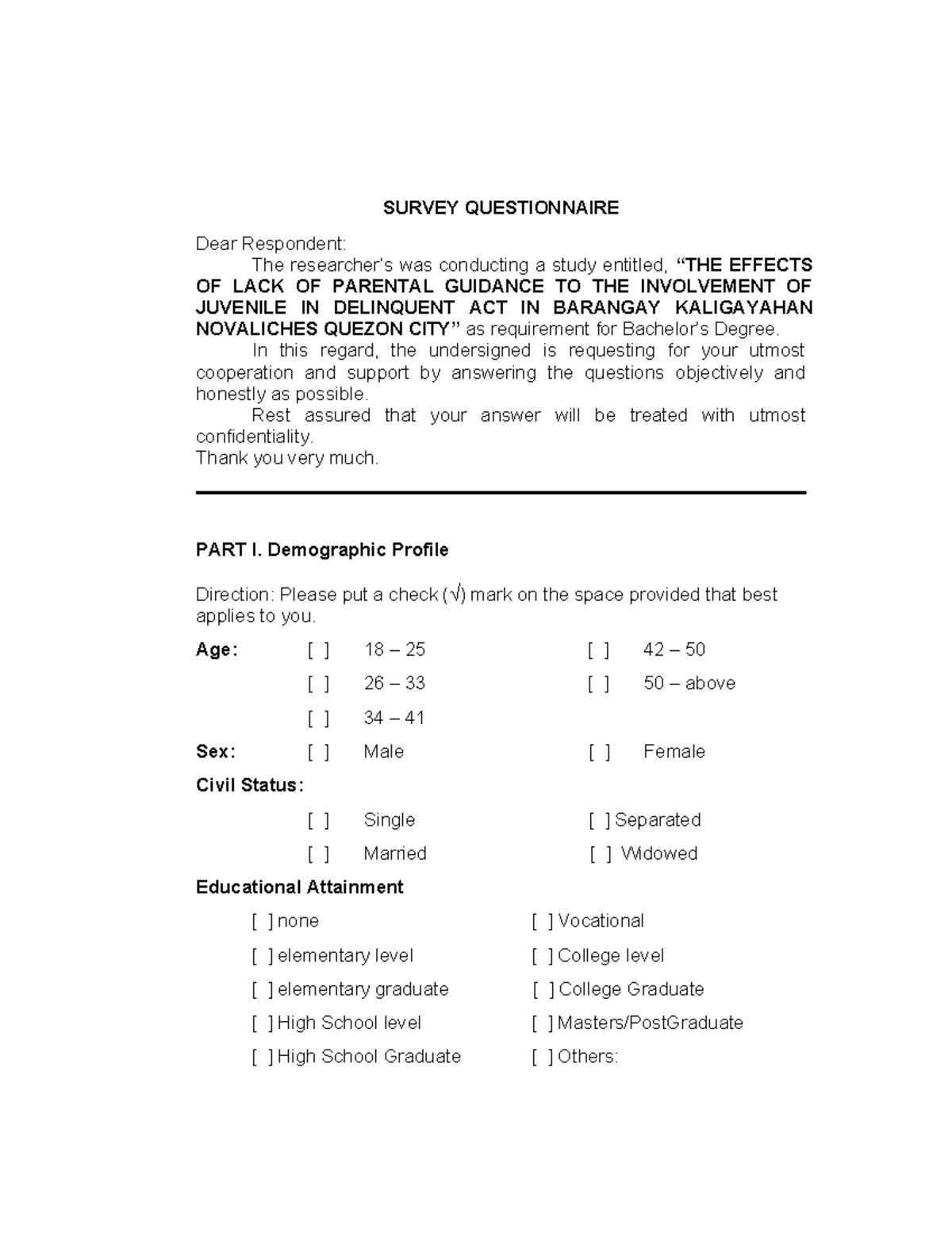 Inbound 6047990805018731401 - SURVEY QUESTIONNAIRE Dear Respondent: The researcher’s was ...
