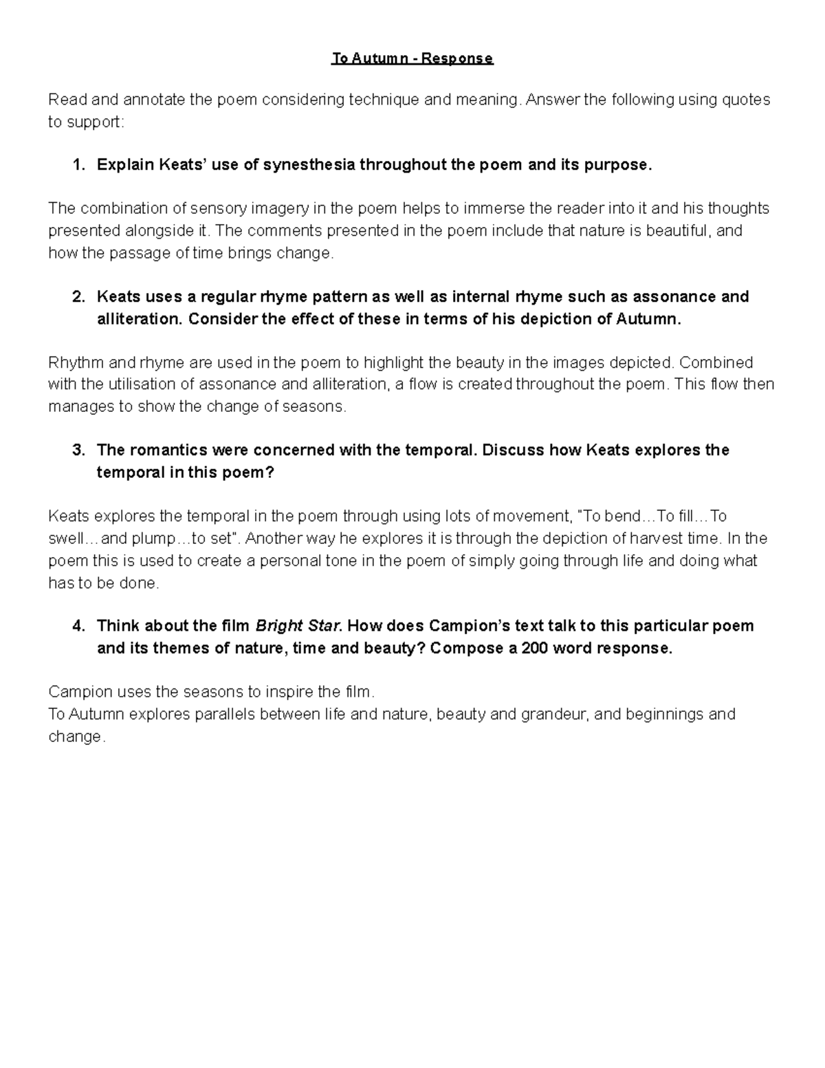 To Autumn - q and a - English Advanced HSC John Keats - To Autumn ...