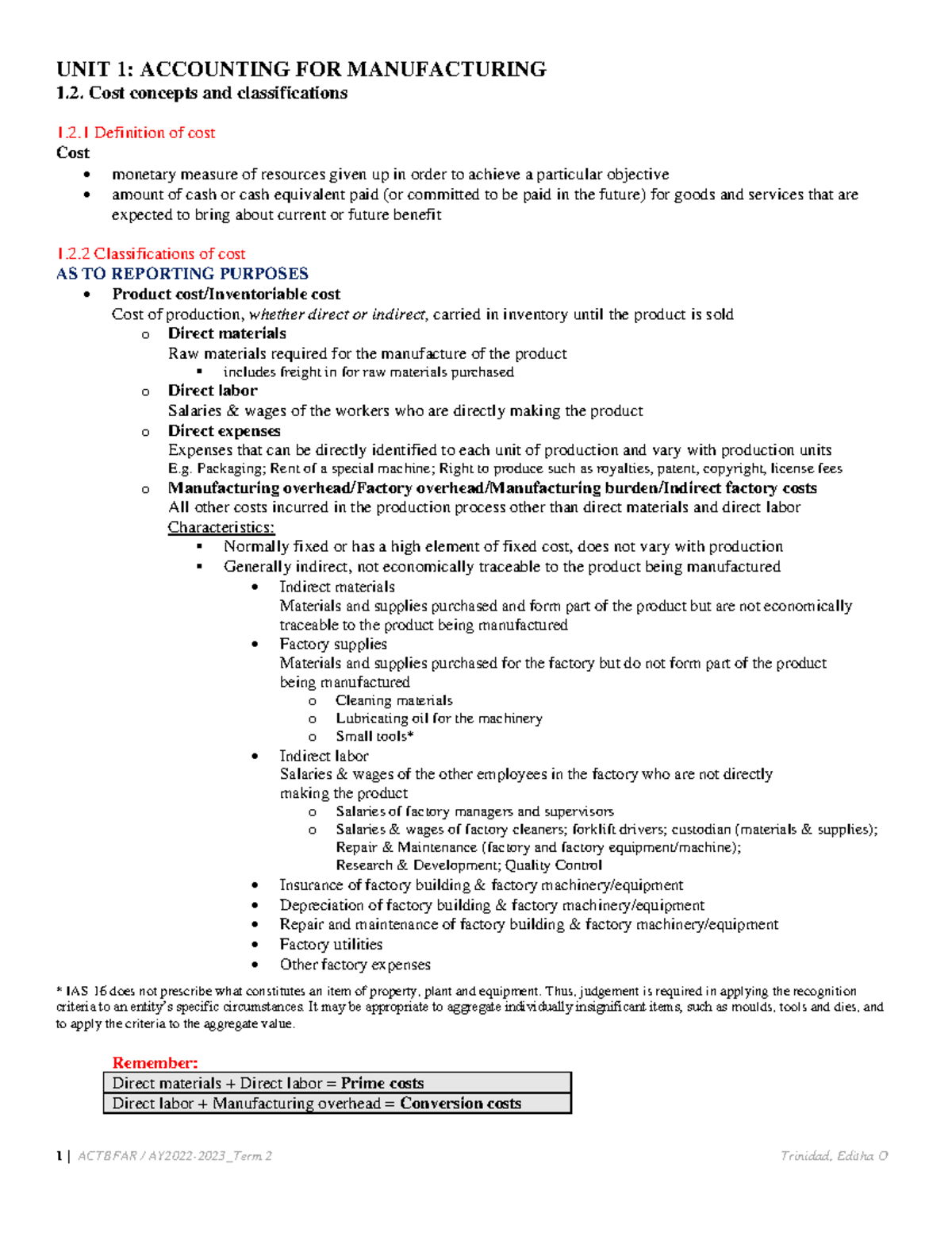 Cost Concepts and Classifications - 1 | ACTBFAR / AY2022-2023_Term 2 Trinidad, Editha O UNIT 1 ...