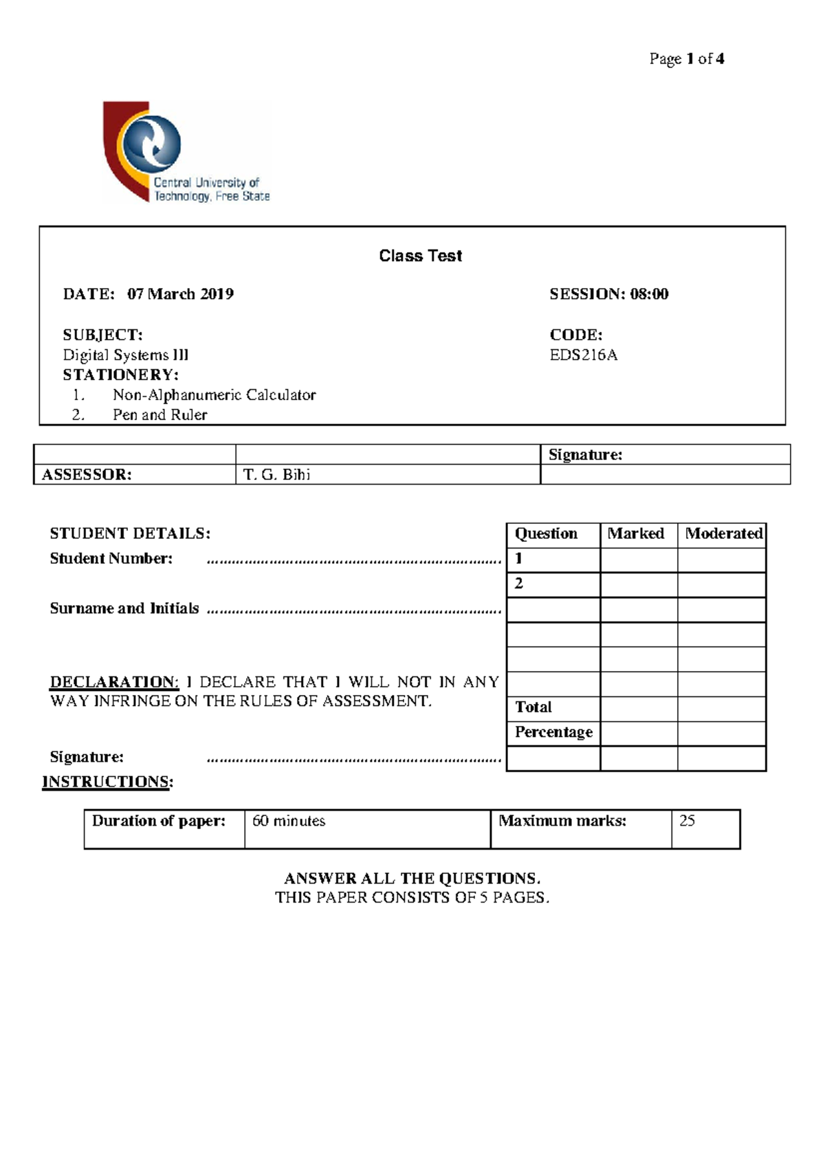 Memo - Test 1 - TEST - Class Test DATE: 07 March 2019 SESSION: 08 ...