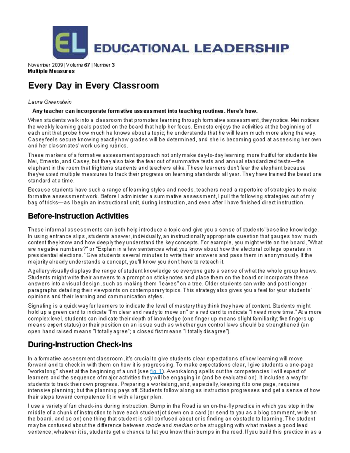 Every Day in Every Classroom - November 2009 | Volume 67 | Number 3 Multiple Measures Every Day ...