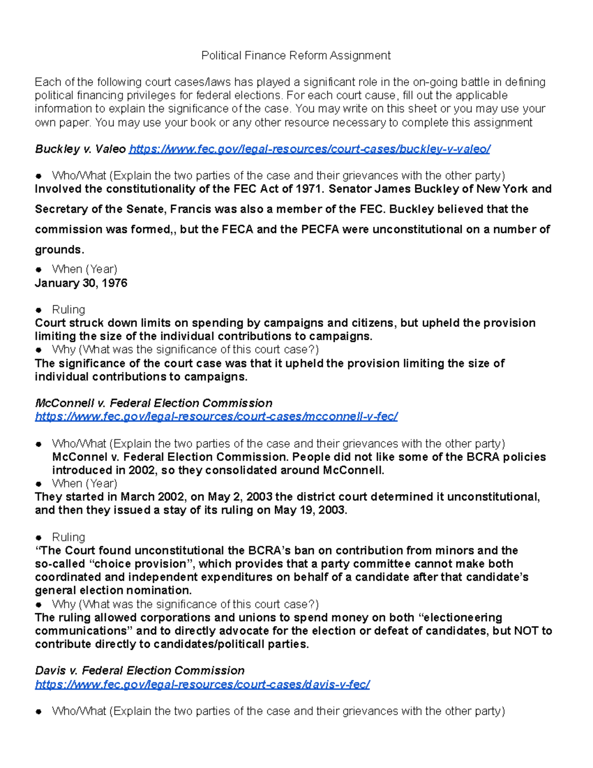 Campaign Finance Reform Assignment - Aguilera - Political Finance ...