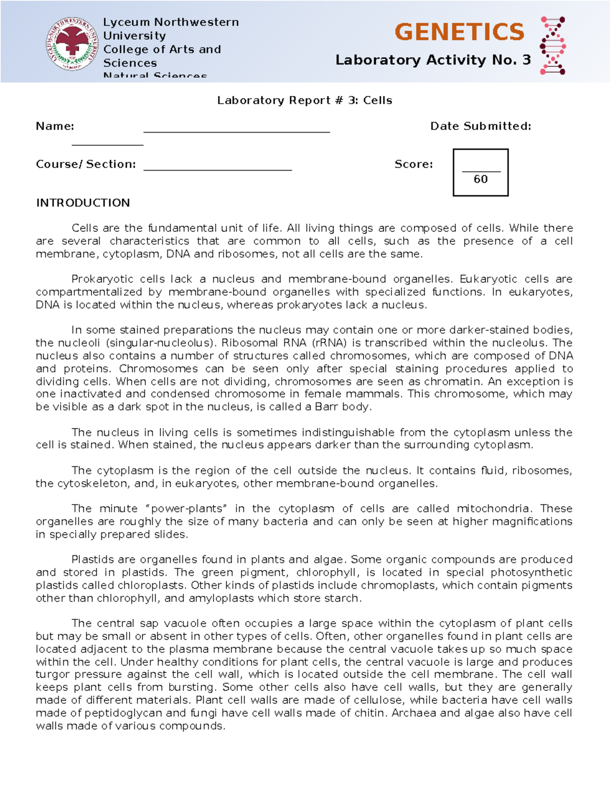 Genetics Laboratory 3 Cells - Laboratory Activity No. 3 GENETICS ...
