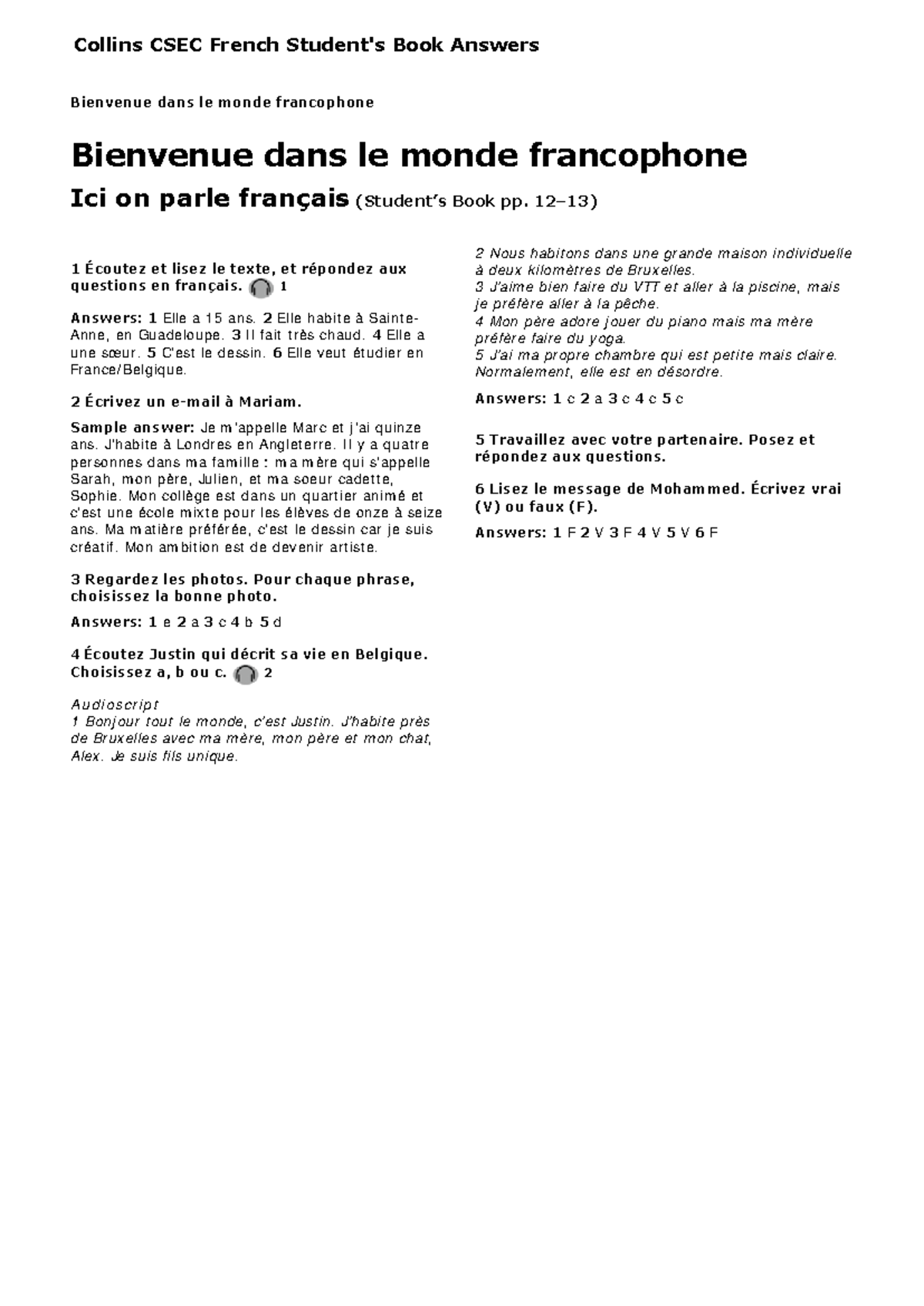French CSEC SB answers - 1 Écoutez et lisez le texte, et répondez aux ...