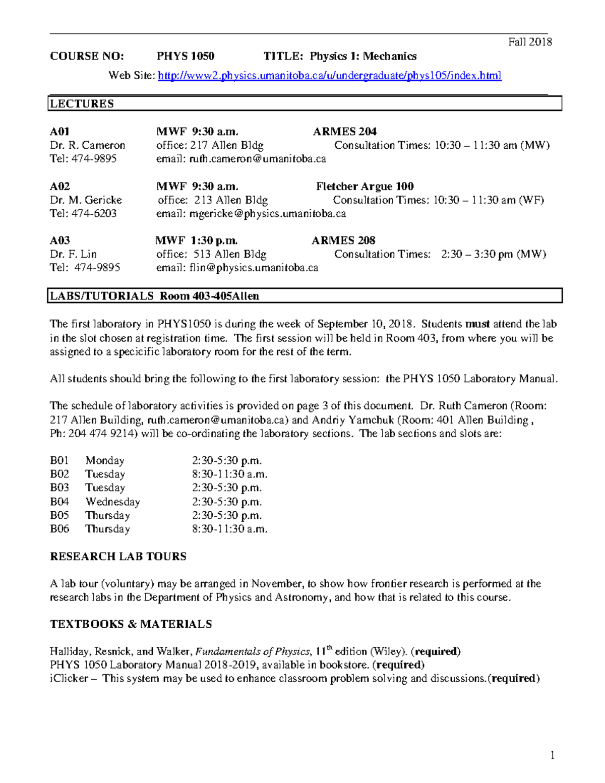 Cource outline - nicd - Fall 2018 COURSE NO: PHYS 1050 TITLE: Physics 1 ...