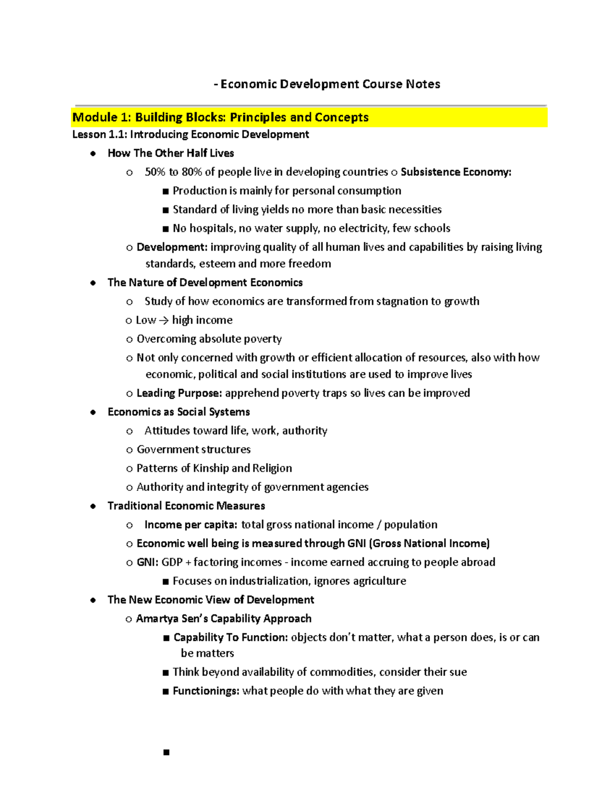 Econ development notes-1 - EC207 - Economic Development Course Notes ...