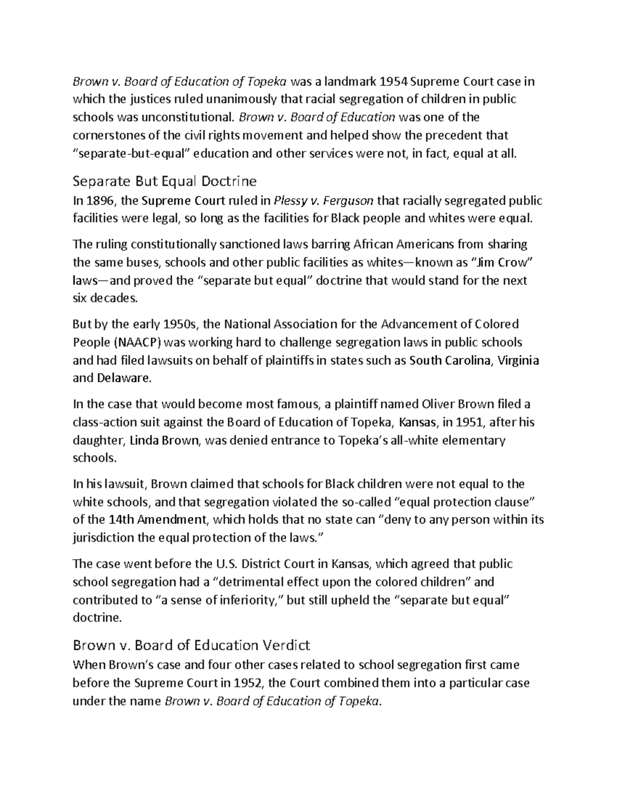 Brown Vs. Board Notes - Brown v. Board of Education of Topeka was a ...