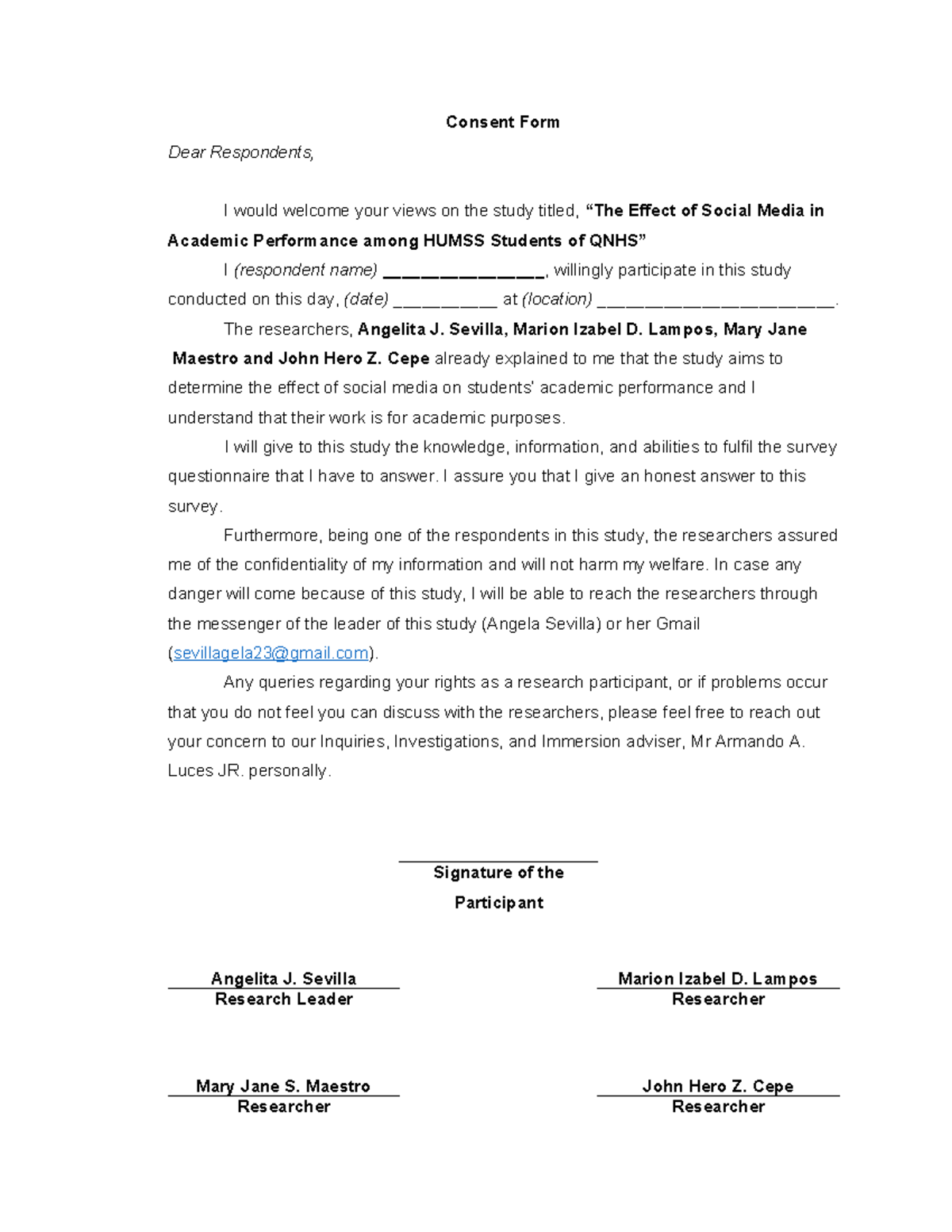 Survey Questionnaire - answer - Consent Form Dear Respondents, I would ...