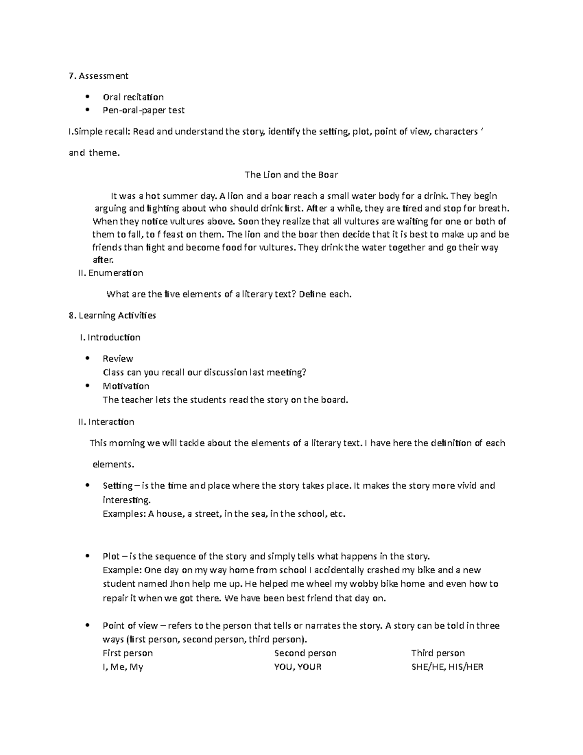 Lesson plan - Lecture notes 1 - Assessment Oral recitation Pen-oral ...