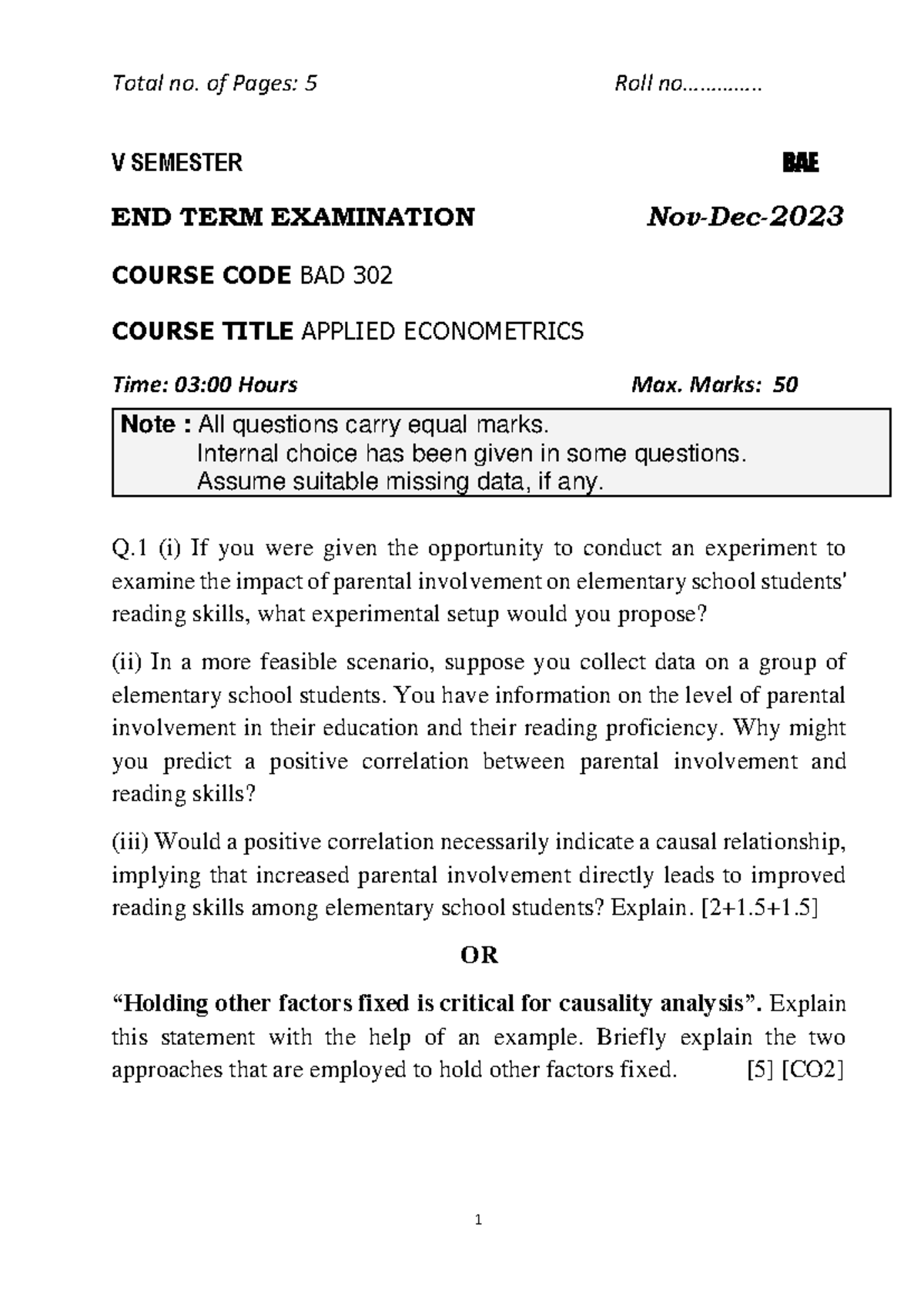 Question Paper-1 - Good - Total no. of Pages: 5 Roll no.............. V ...