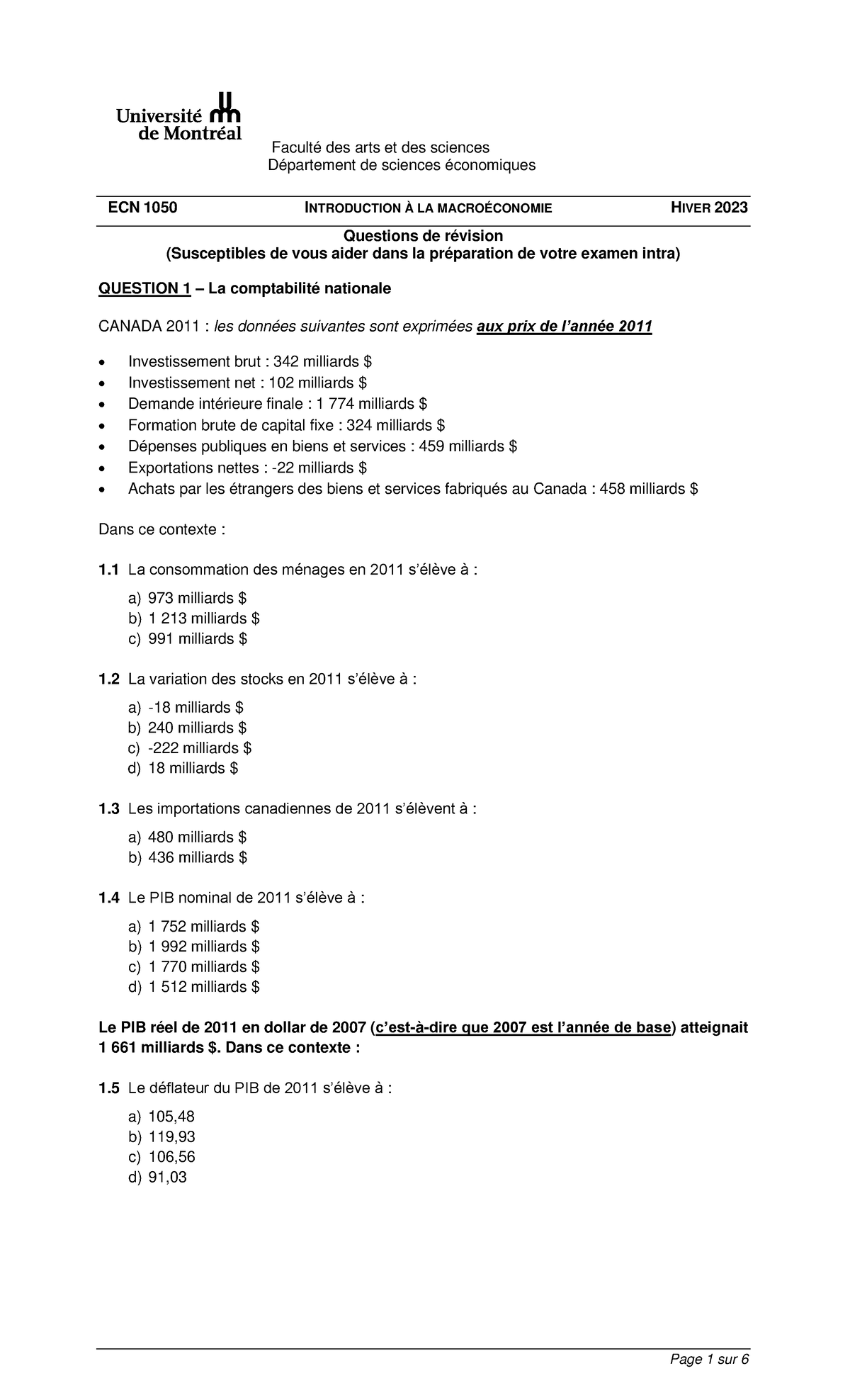 Quest. de rév. H23 INTRA - Faculté des arts et des sciences Département ...