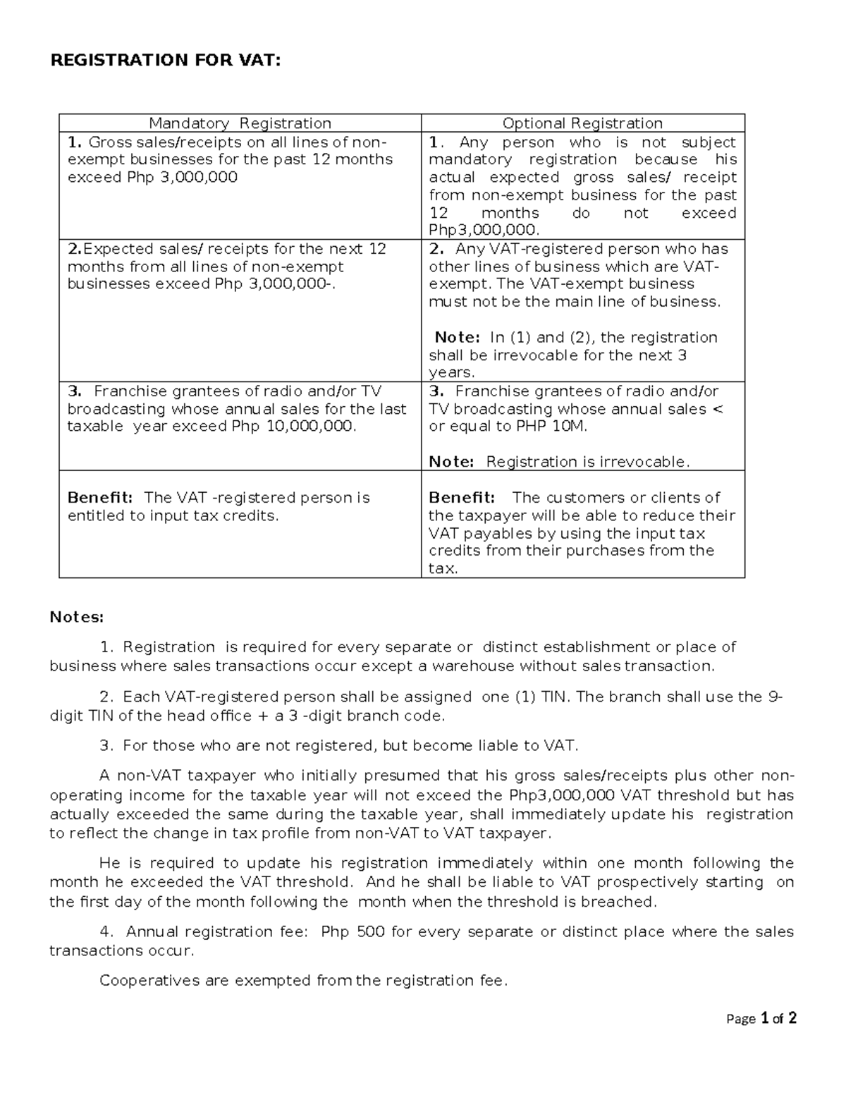 VAT registration and cancellation - REGISTRATION FOR VAT: Mandatory ...