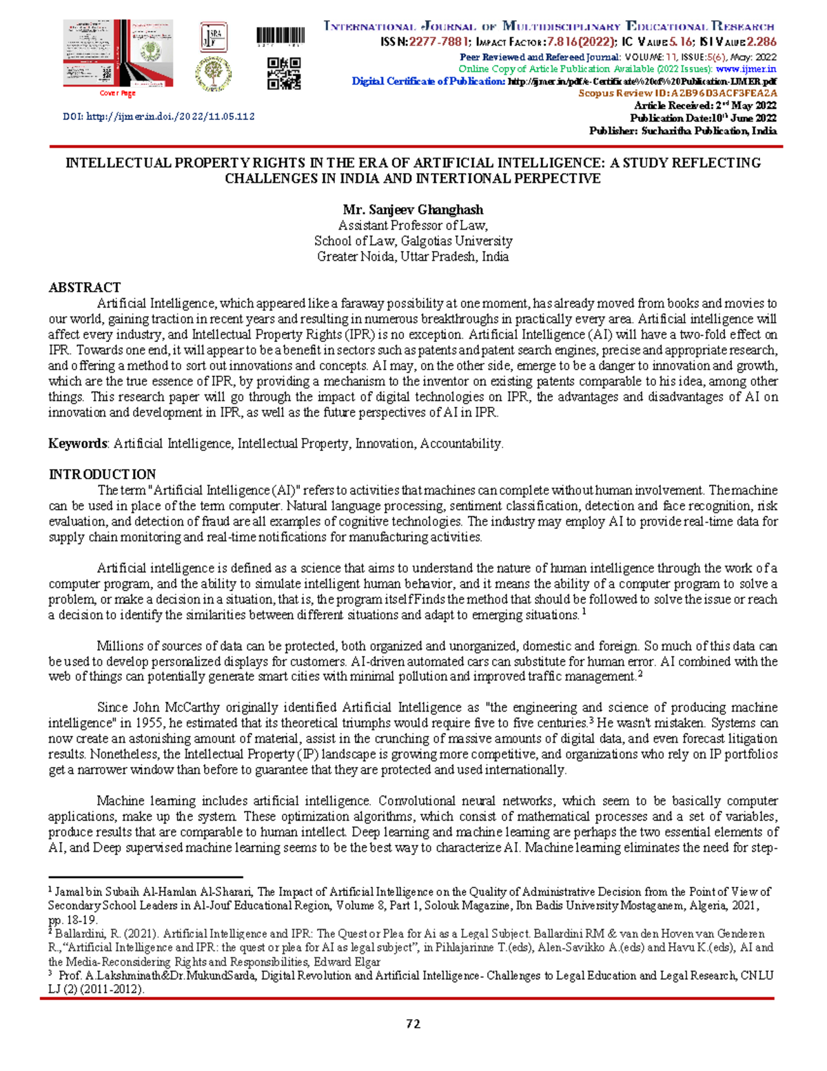 Reserach apper ai - tshd - ####### Cover Page DOI: ijmer.in.doi/2022/11 ...