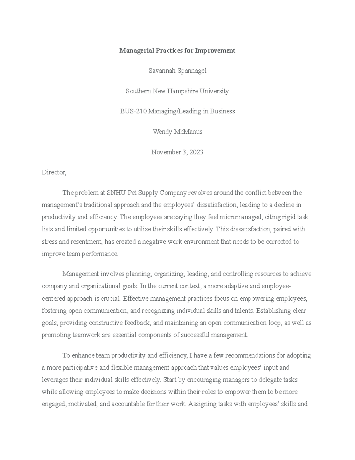 BUS-210 Module Two - Managerial Practices for Improvement Savannah Spannagel Southern New ...