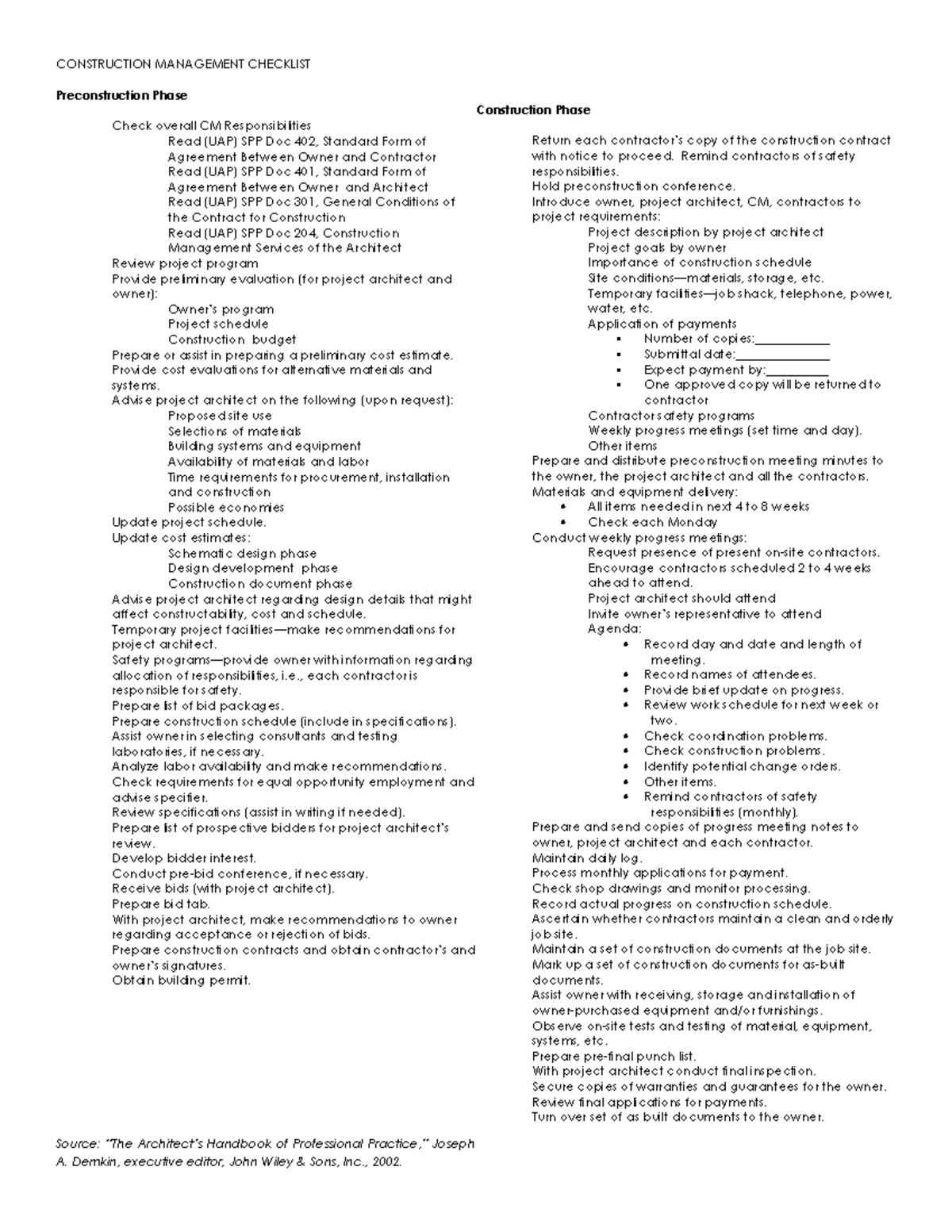 Construction Management Checklist - CONSTRUCTION MANAGEMENT CHECKLIST ...