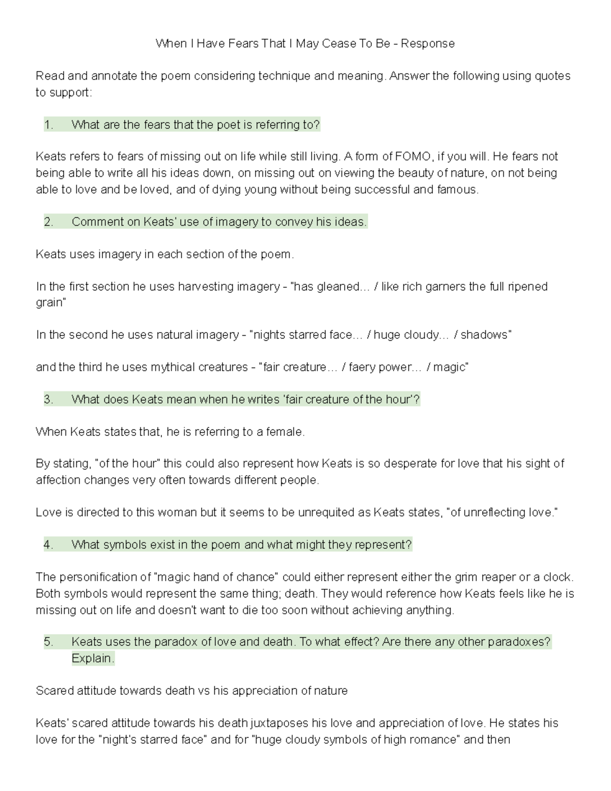 When I Have Fears That I May Cease To Be - q and a - English Advanced ...