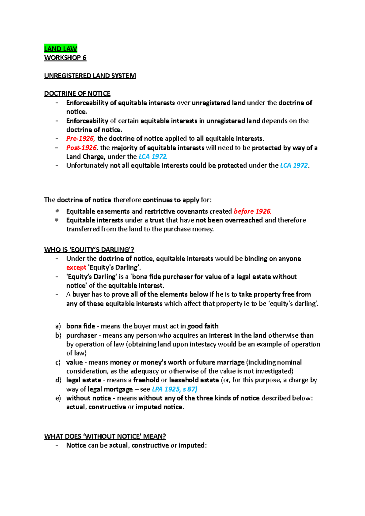 Doctrine OF Notice - LAND LAW WORKSHOP 6 UNREGISTERED LAND SYSTEM ...