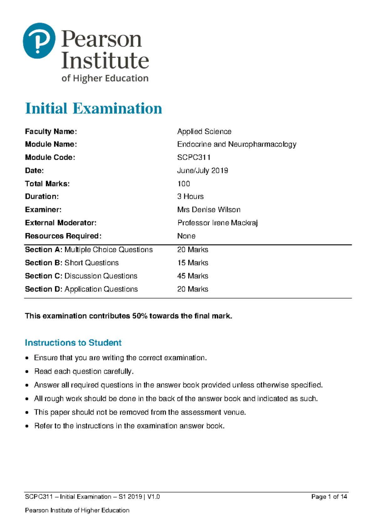 SCPC311 2019 - PI Exam A Paper (V1 - SCPC311 – Initial Examination – S1 ...