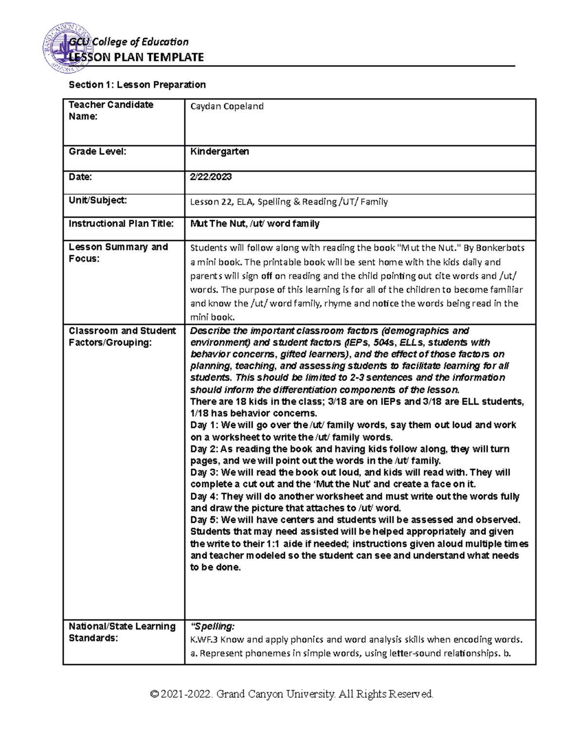 Mut the Nut Lesson Plan - week 5 - LESSON PLAN TEMPLATE Section 1 ...