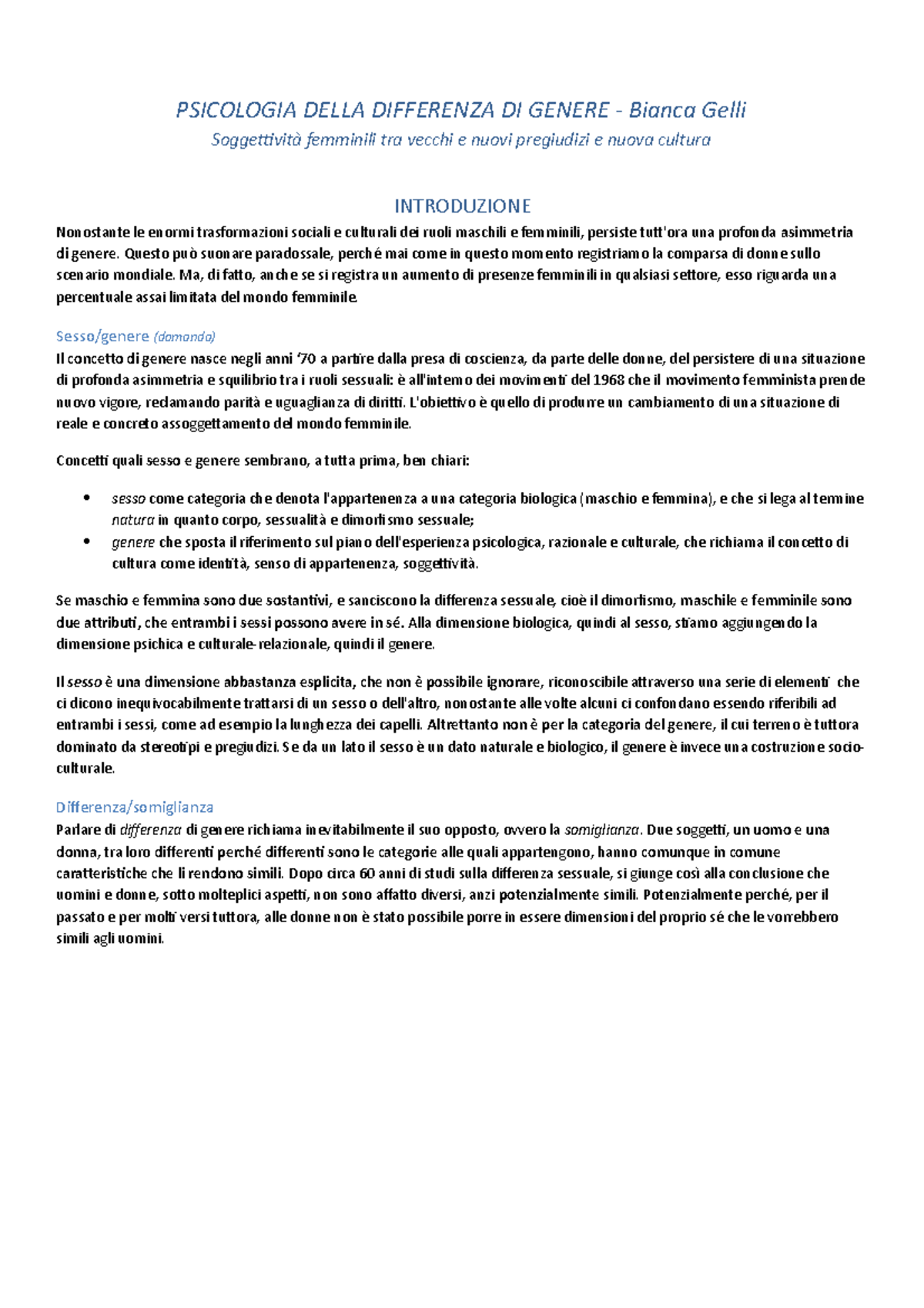 Riassunto - Psicologia delle differenze di genere - PSICOLOGIA DELLA ...