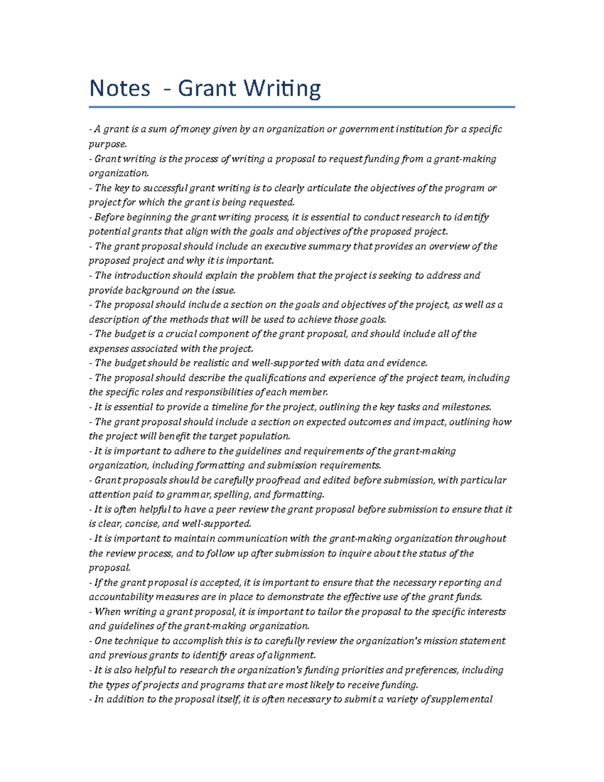 Lecture notes - Grant Writing - Notes - Grant Writing A grant is a sum ...