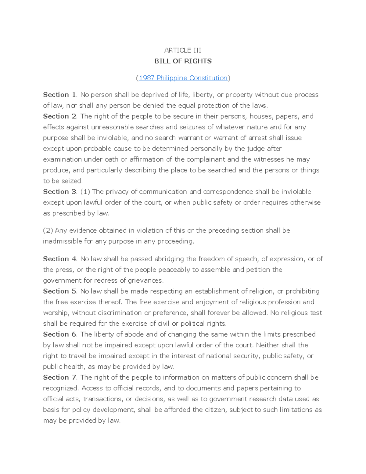 Article III - Compilation of case digests - ARTICLE III BILL OF RIGHTS ...