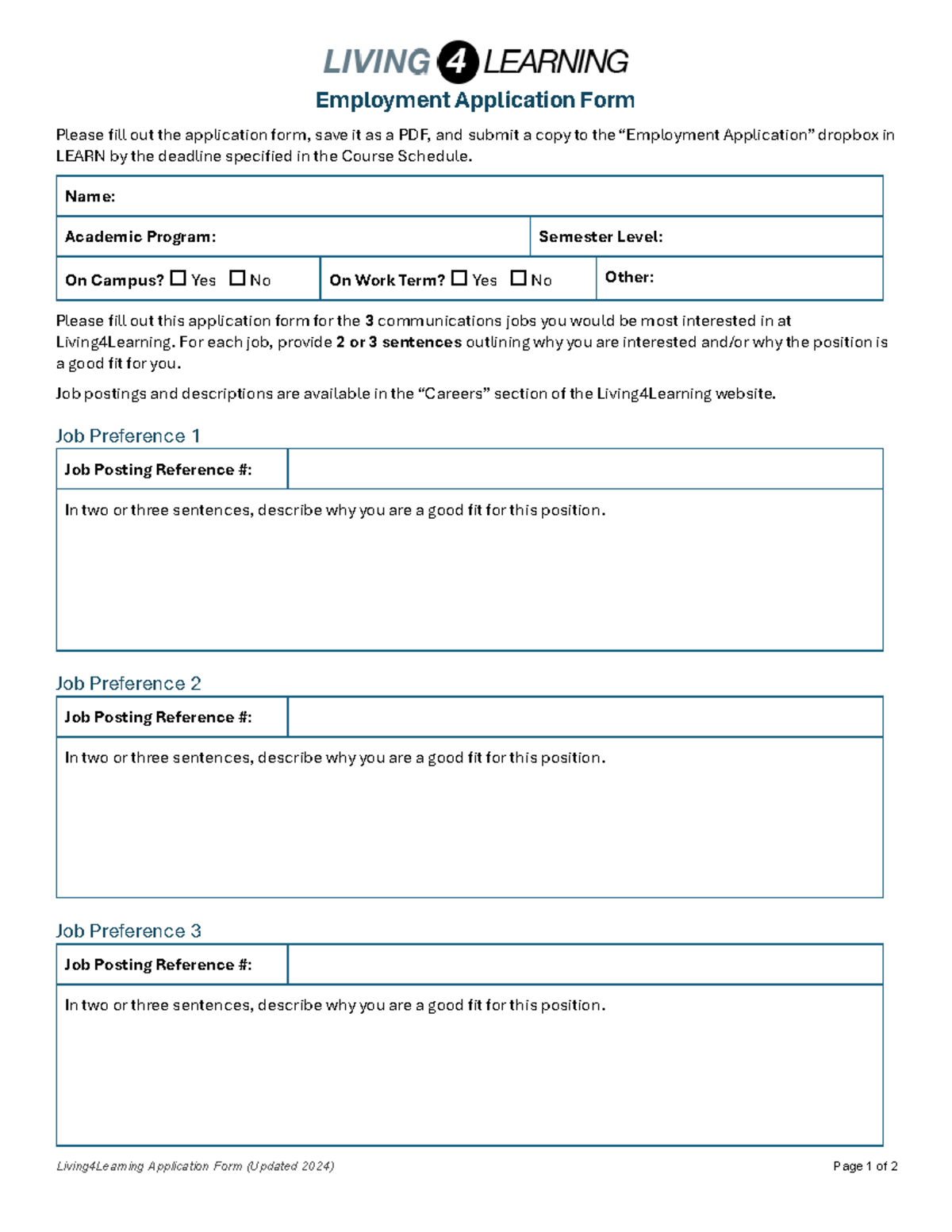 Employment Application Form Fillable - Living4Learning Application Form (Updated 2024) Page 1 of ...