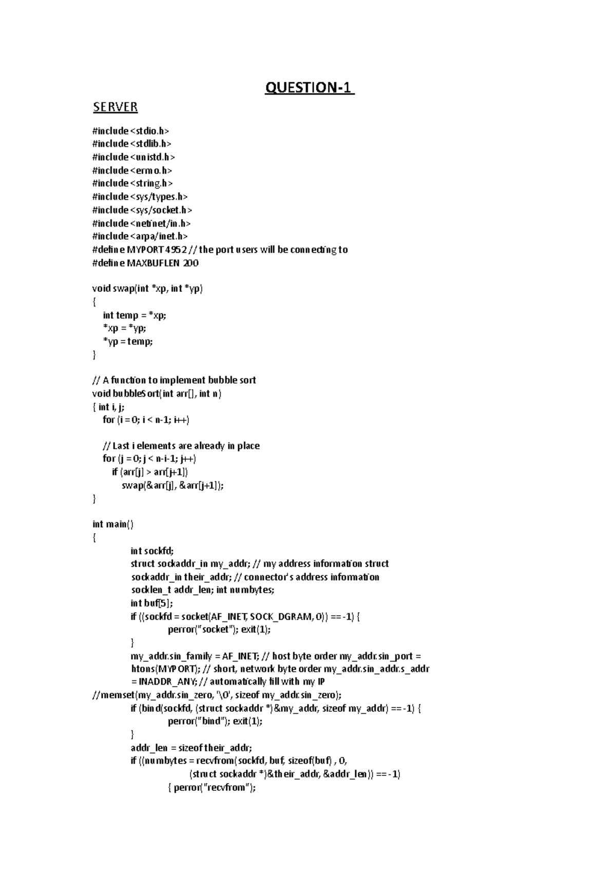 Bubble Sort Socket Programming - QUESTION- SERVER #include #include # ...
