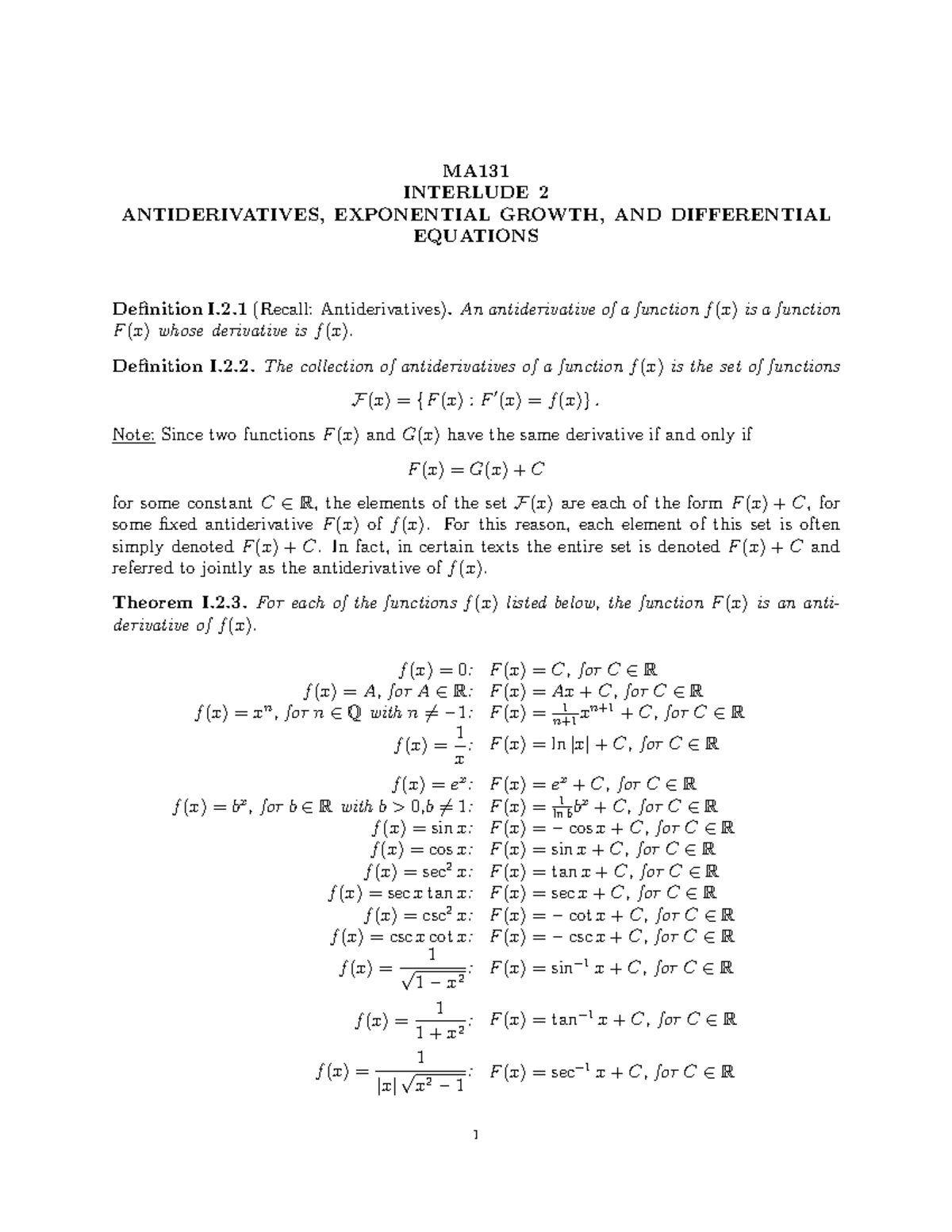 Ma131 Interlude 2 Antiderivatives Exponential Growth And