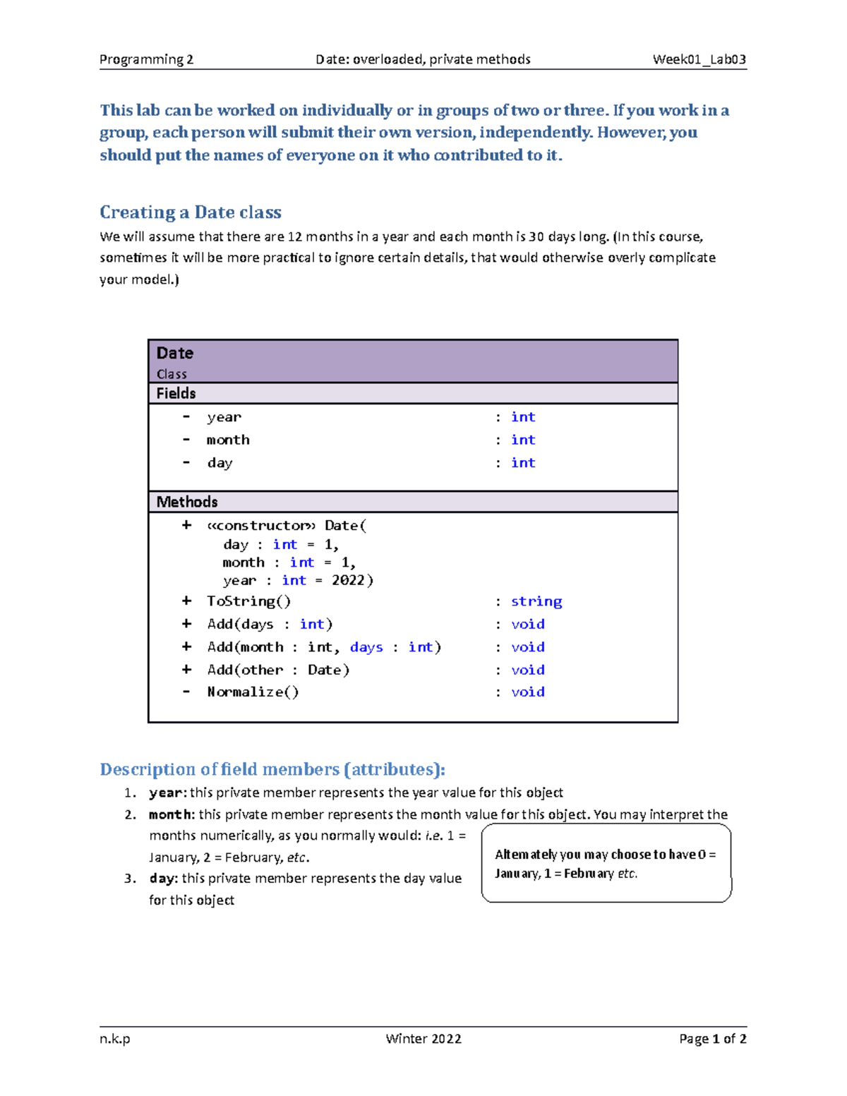 Lab 03 Dates - assignmemt - Programming 2 Date: overloaded, private ...
