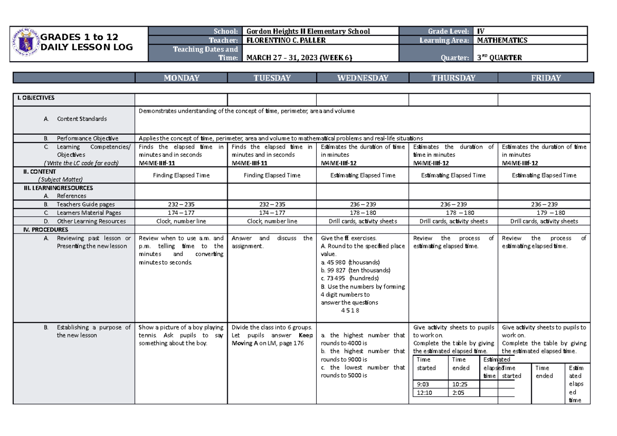 DLL Mathematics 4 Q3 W6 - a guide lesson on my class - GRADES 1 to 12 ...