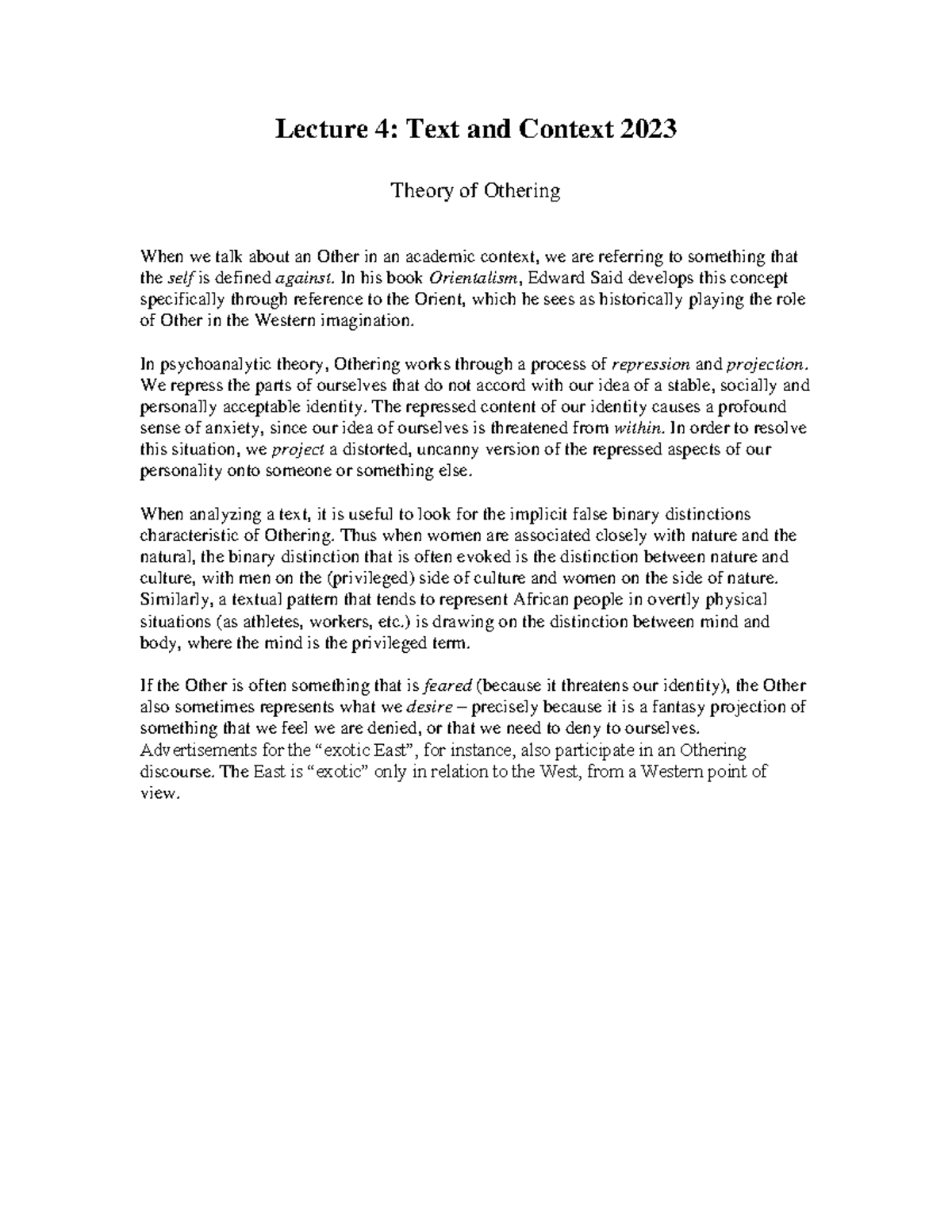 Text And Context 2023-4 - Lecture 4 : Text and Context 2023 Theory of Othering When we talk ...