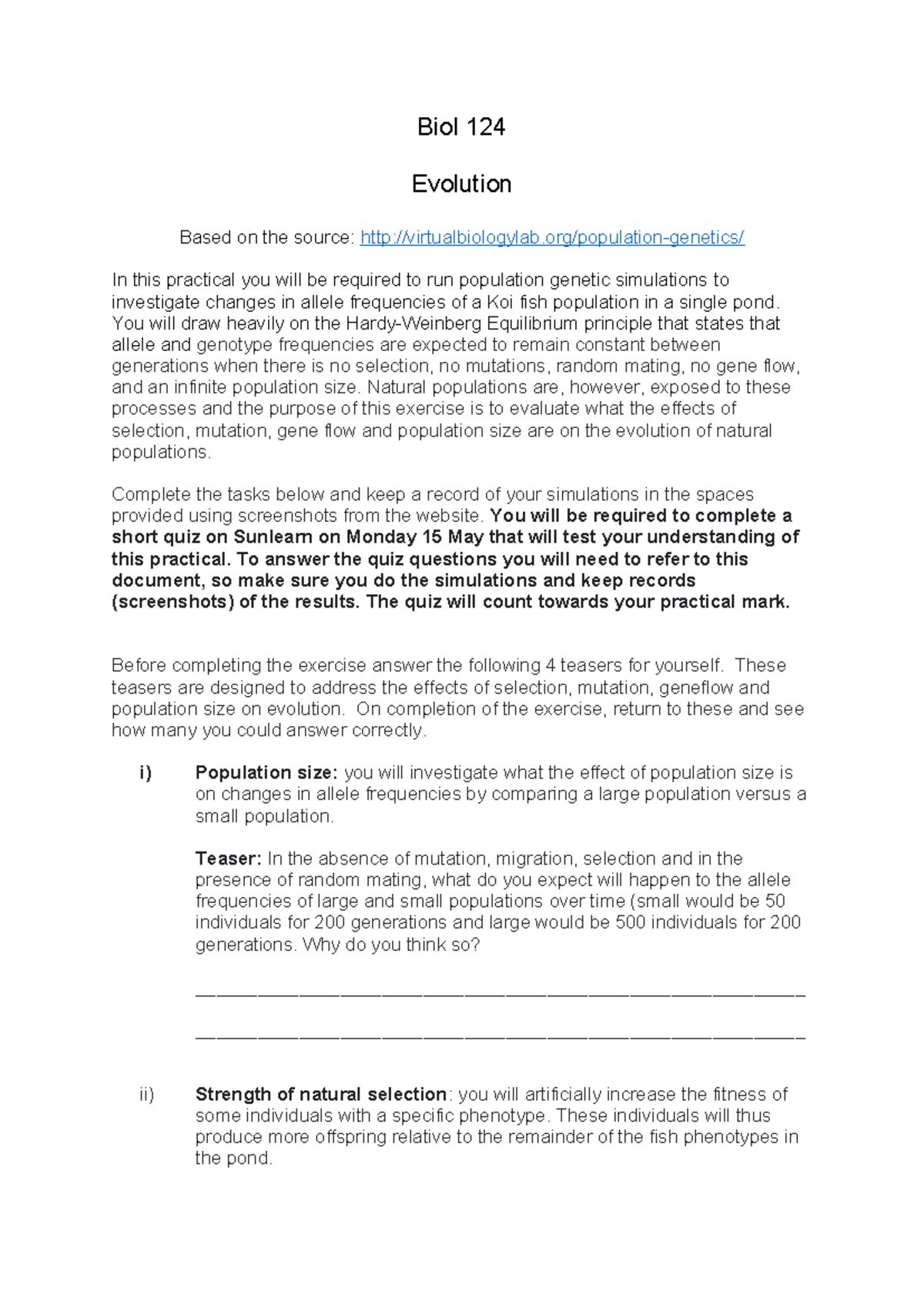 2023 Biol 124 Prac microevolution - Biol 124 Evolution Based on the ...