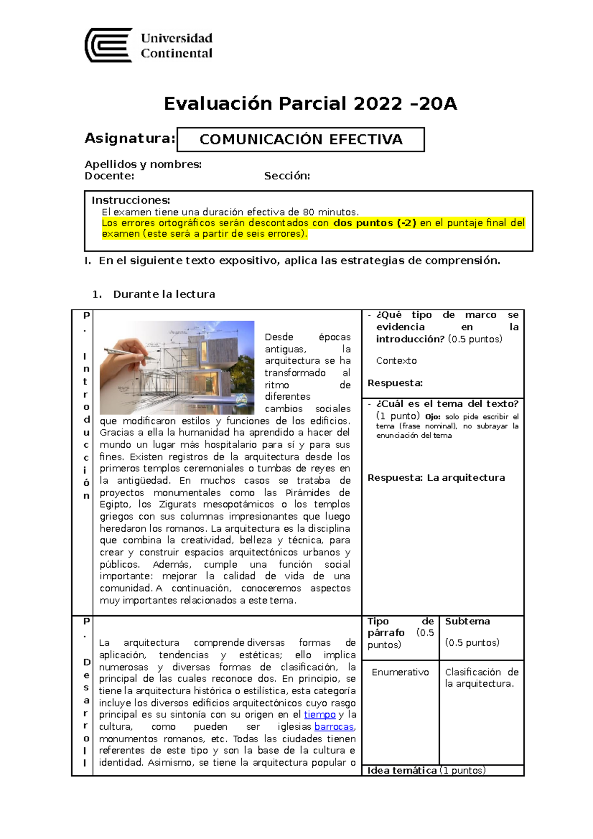 Evaluación comunicación efectiva - Evaluación Parcial 2022 –20A Asignatura: Apellidos y nombres ...