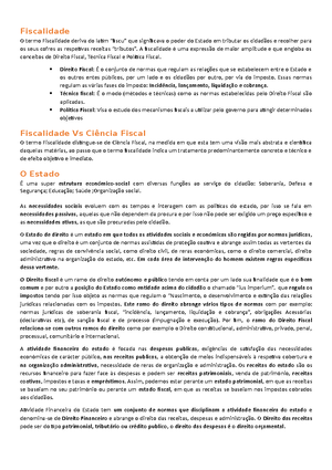 Resumo Fiscalidade - Fiscalidade, Direito Fiscal e o Estado ####### O ...
