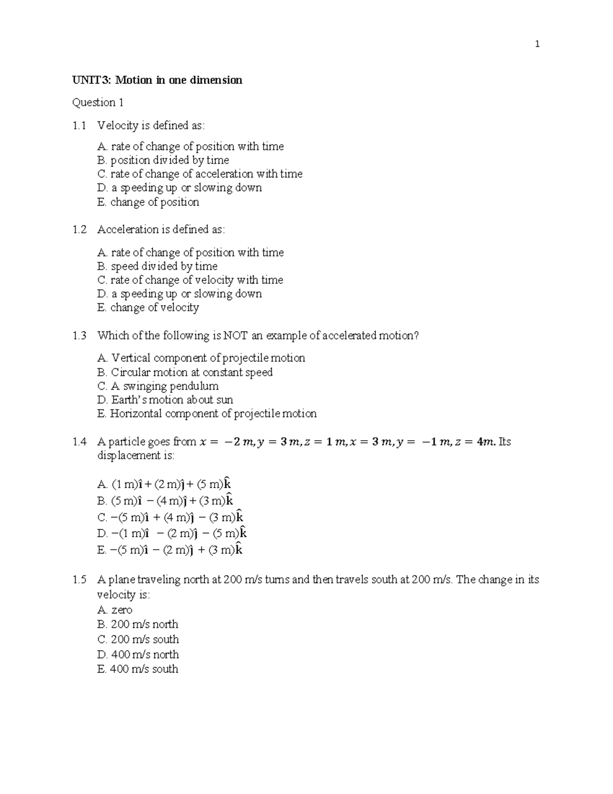 Worksheet 1 motion 1-dimension - UNIT3: Motion in one dimension ...