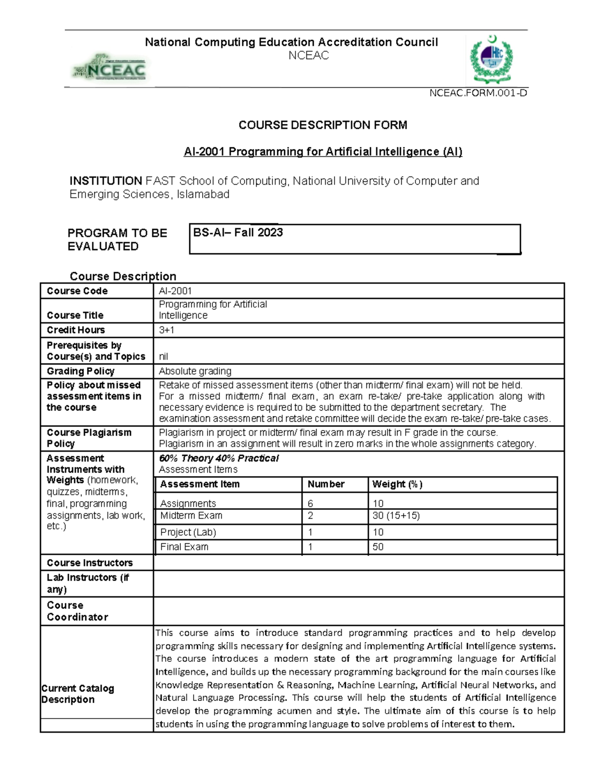 AI2001-PAI Course- Description - NCEAC NCEAC.FORM-D COURSE DESCRIPTION ...