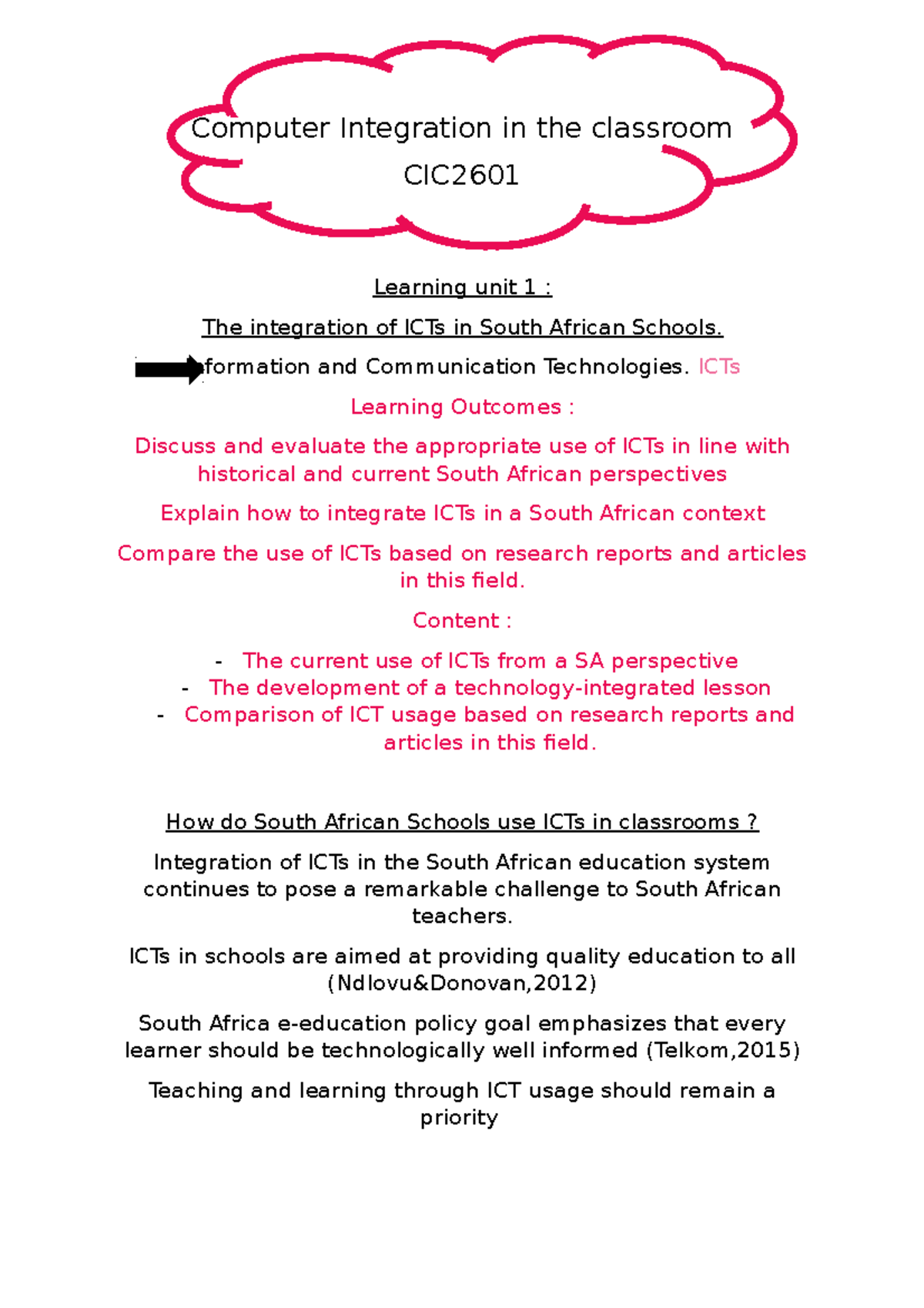 CIC2601 Study notes learning unit 1 - Computer Integration in the ...