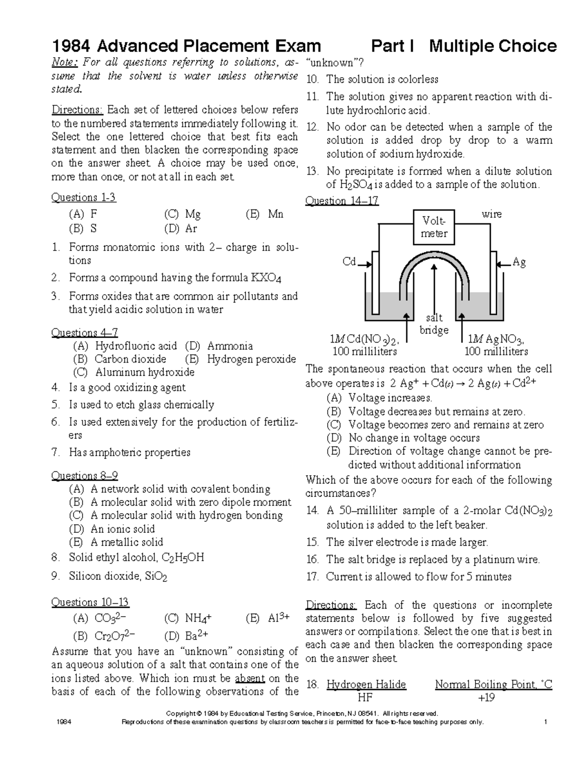 1984 Advanced Placement Exam - Directions: Each set of lettered choices ...