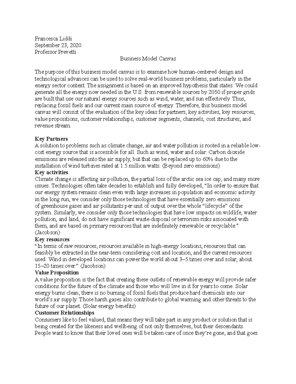 Businessmodelcanvas - Francesca Liddi September 23, 2020 Professor ...