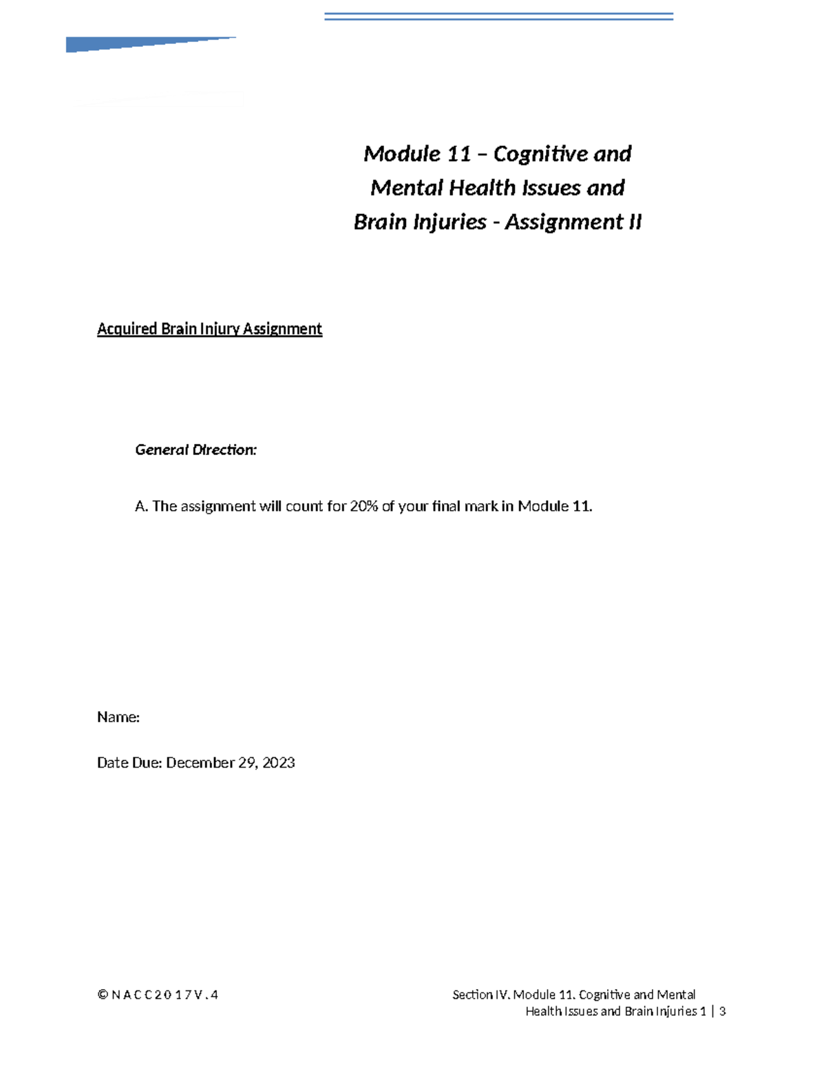 IV-12.2 Assigmt - Module 11 Cognitive Impairm studoc - © N A C C 2 0 1 ...