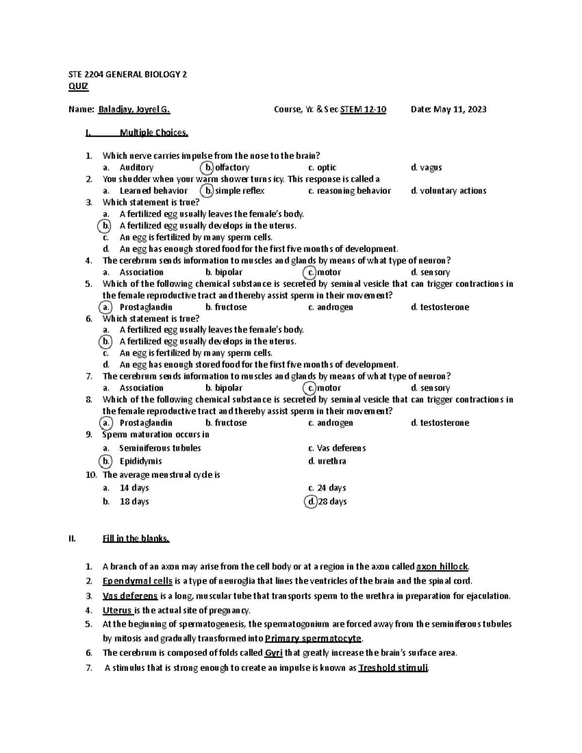Baladjay QUIZ-3 - bio - STE 2204 GENERAL BIOLOGY 2 QUIZ Name: Baladjay ...