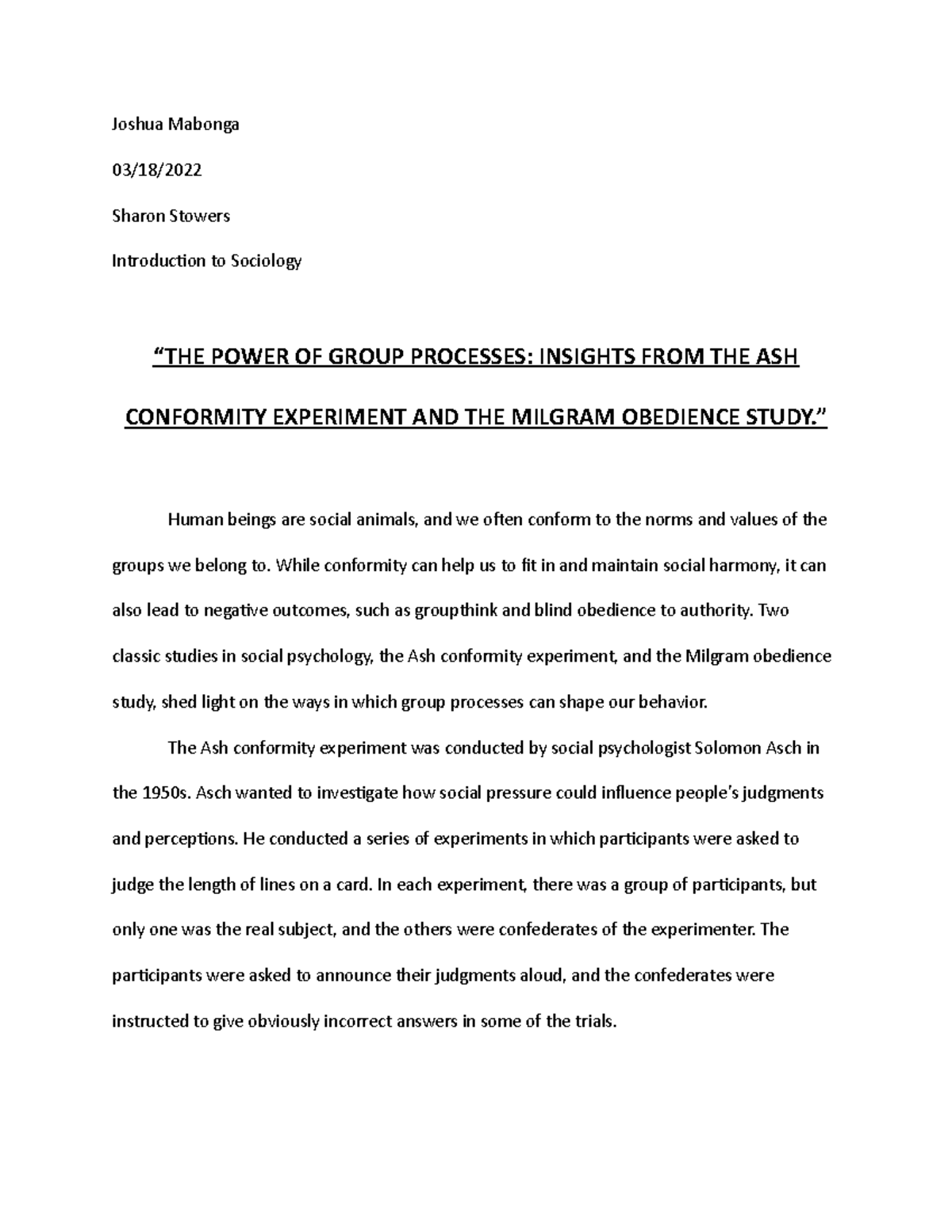 “THE POWER OF GROUP PROCESSES: INSIGHTS FROM THE ASH CONFORMITY ...