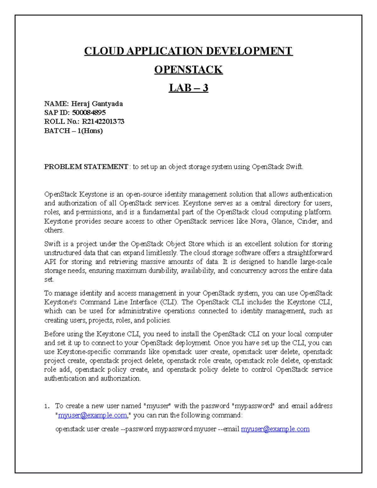 CAD LAB3 Openstack Heraj G - CLOUD APPLICATION DEVELOPMENT OPENSTACK LAB – 3 NAME: Heraj ...