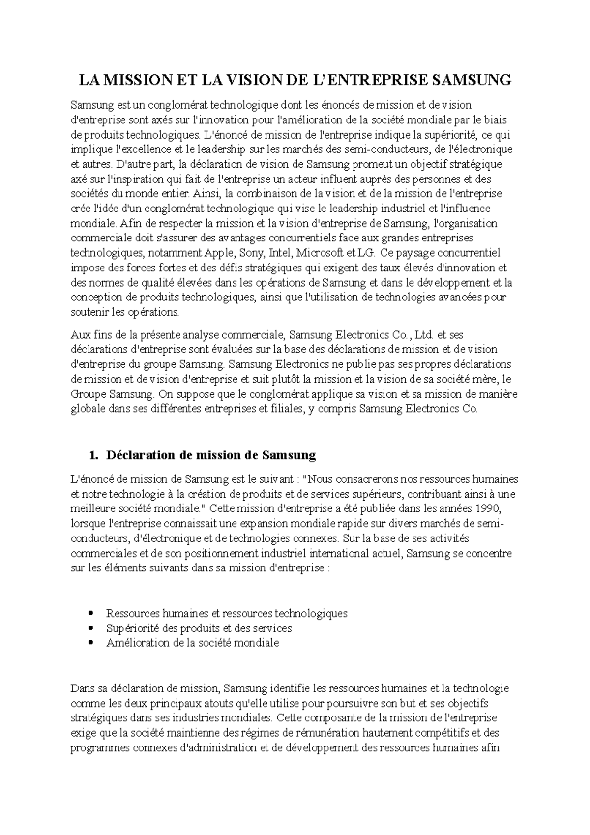 LA Mission ET LA Vision DE L’ Entreprise Samsung - LA MISSION ET LA ...